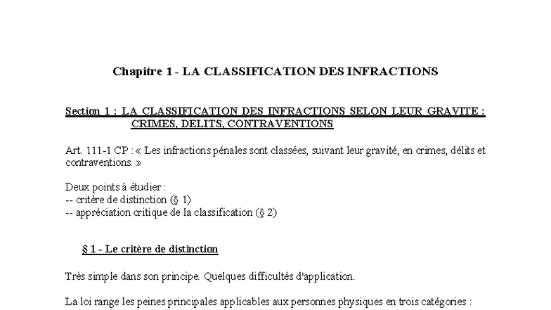 Chapitre 1 - Classification des Infractions selon leur Gravité et ...