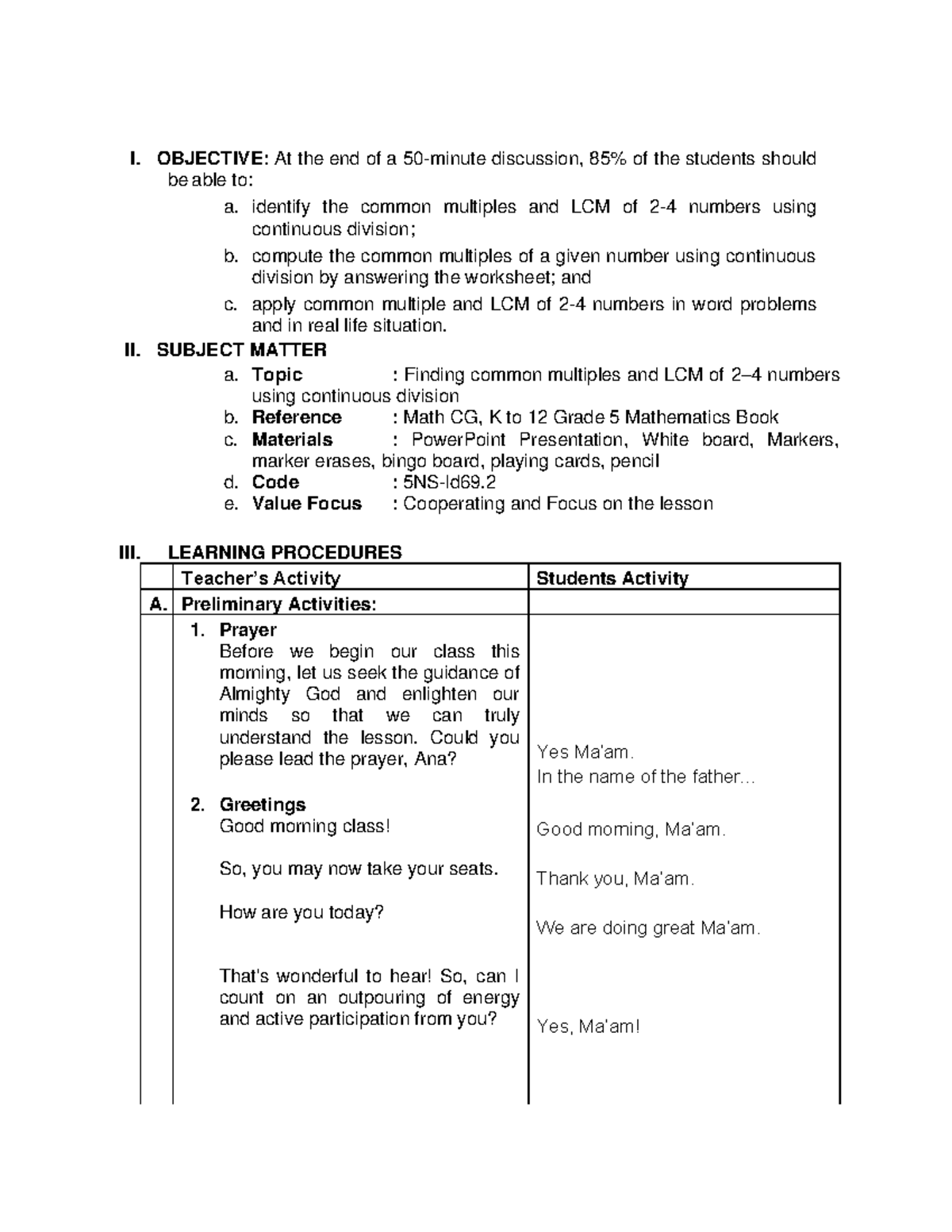 5A Lesson Plan: Finding LCM of Numbers in Math 5 - Studocu