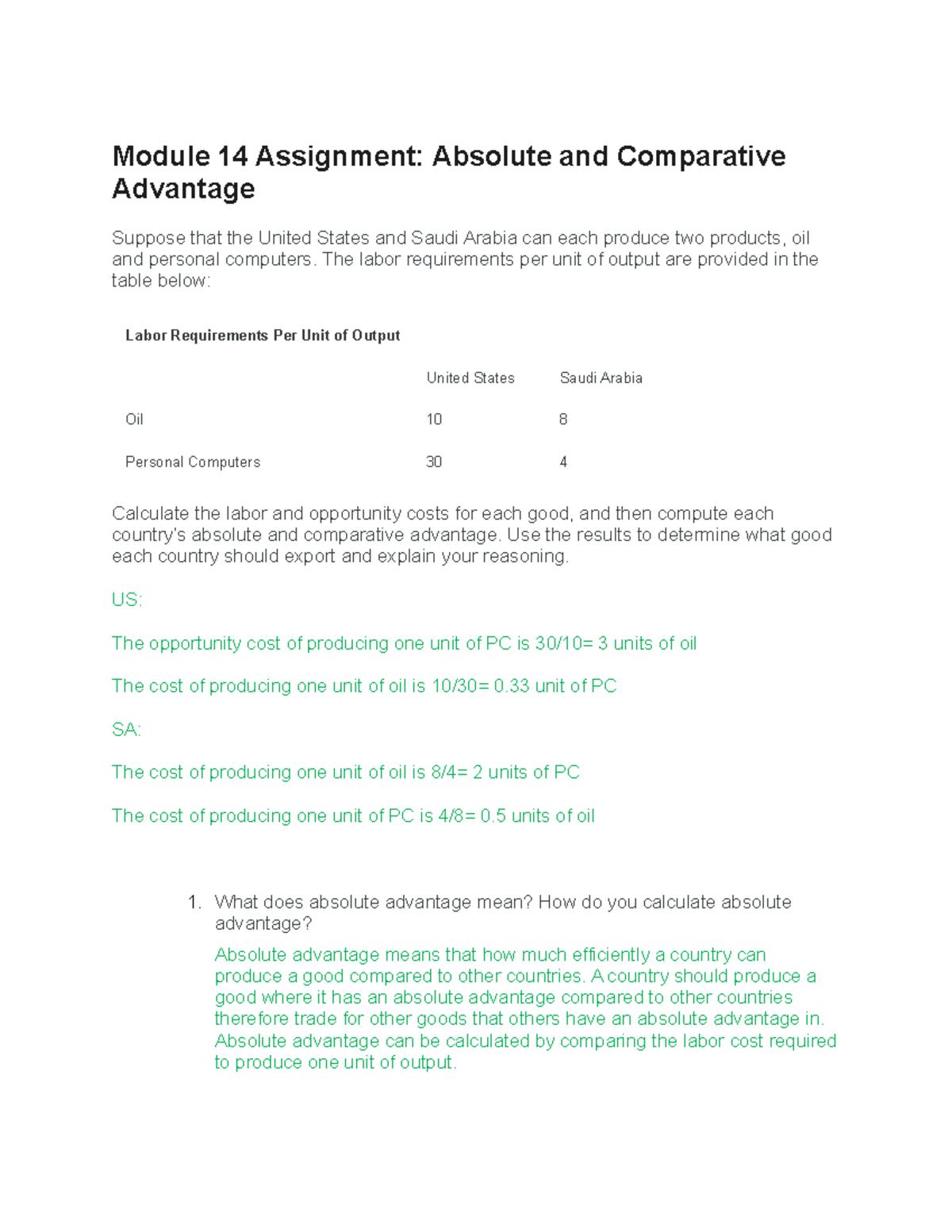 Module 14 Assignment: Analyzing Absolute & Comparative Advantage - Studocu