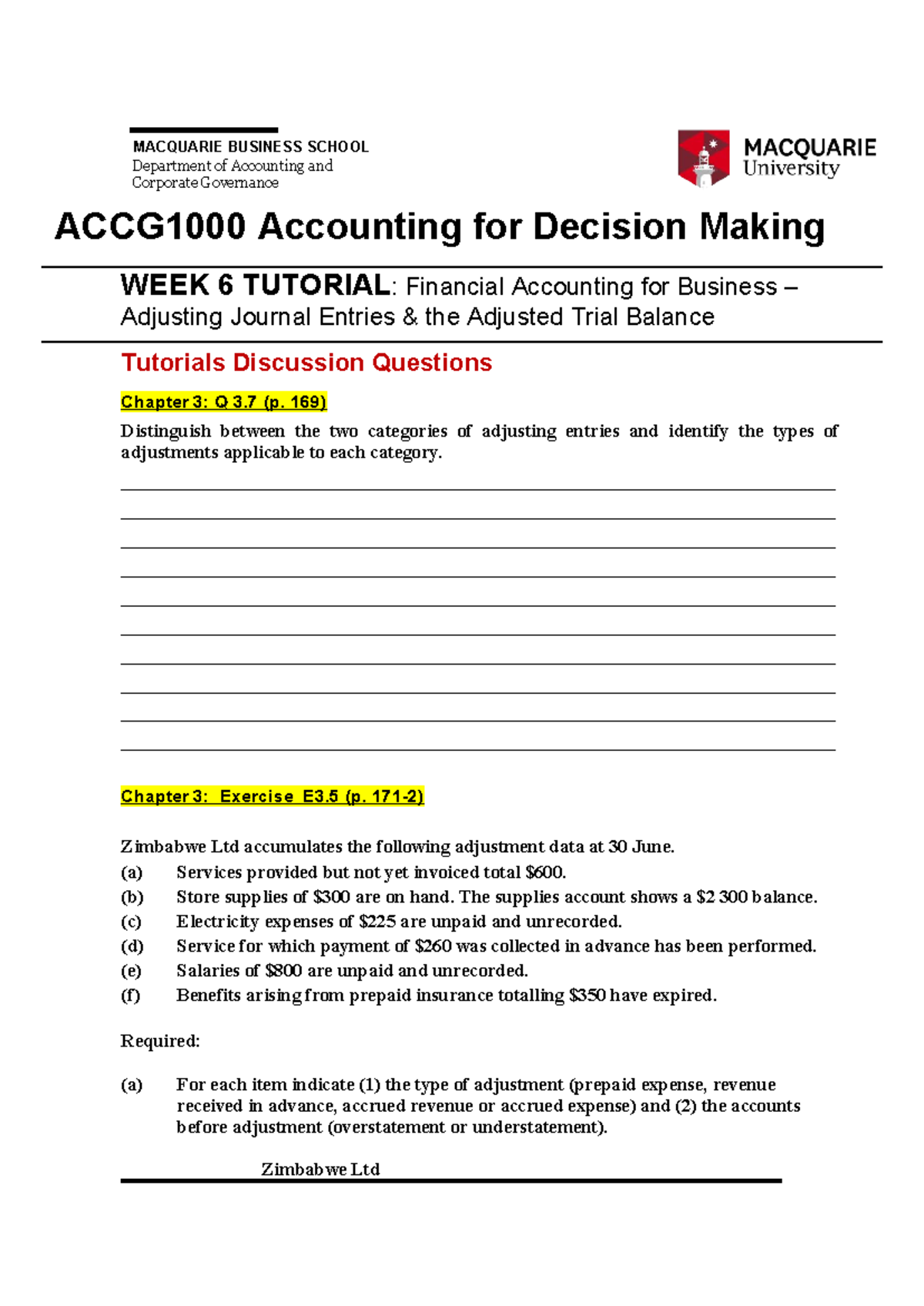 Week 6 Tutorial: Adjusting Journal Entries & Trial Balance (ACCG 101 ...