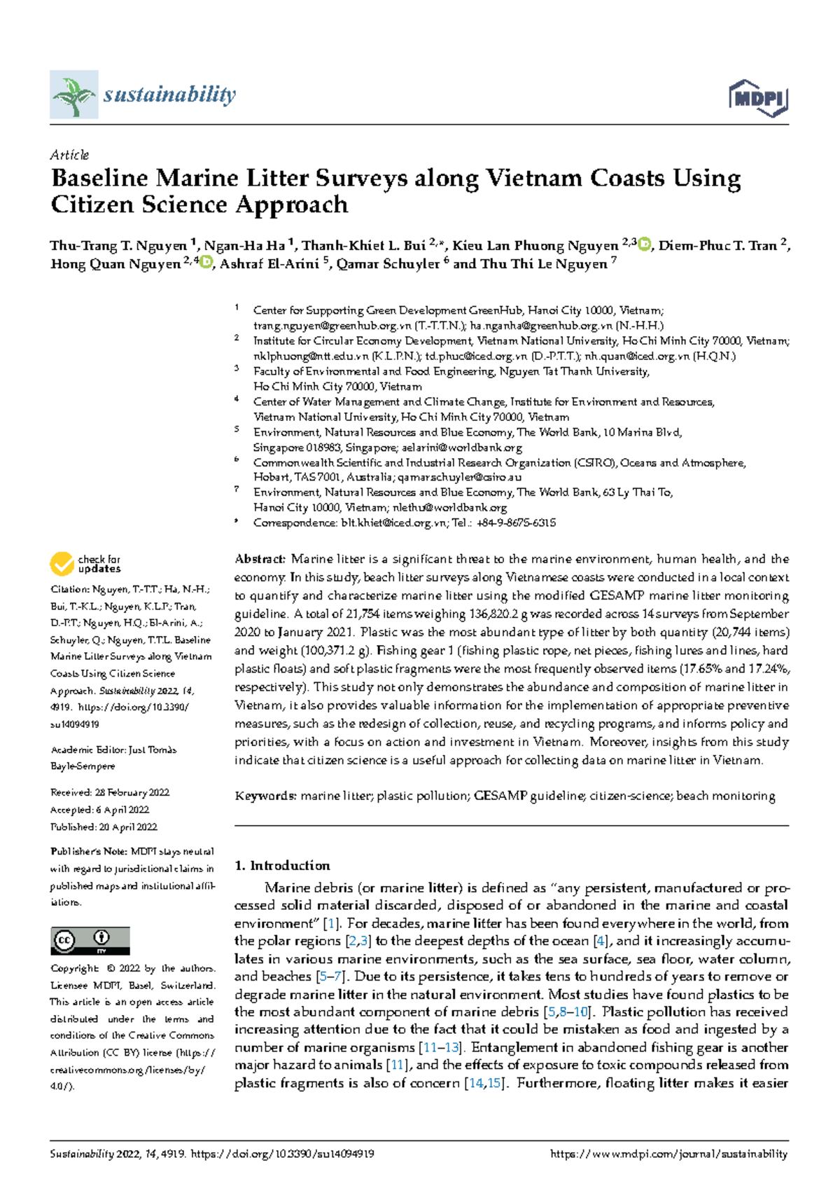 Baseline Marine Litter Surveys along Vietnam Coasts: A Citizen Science ...