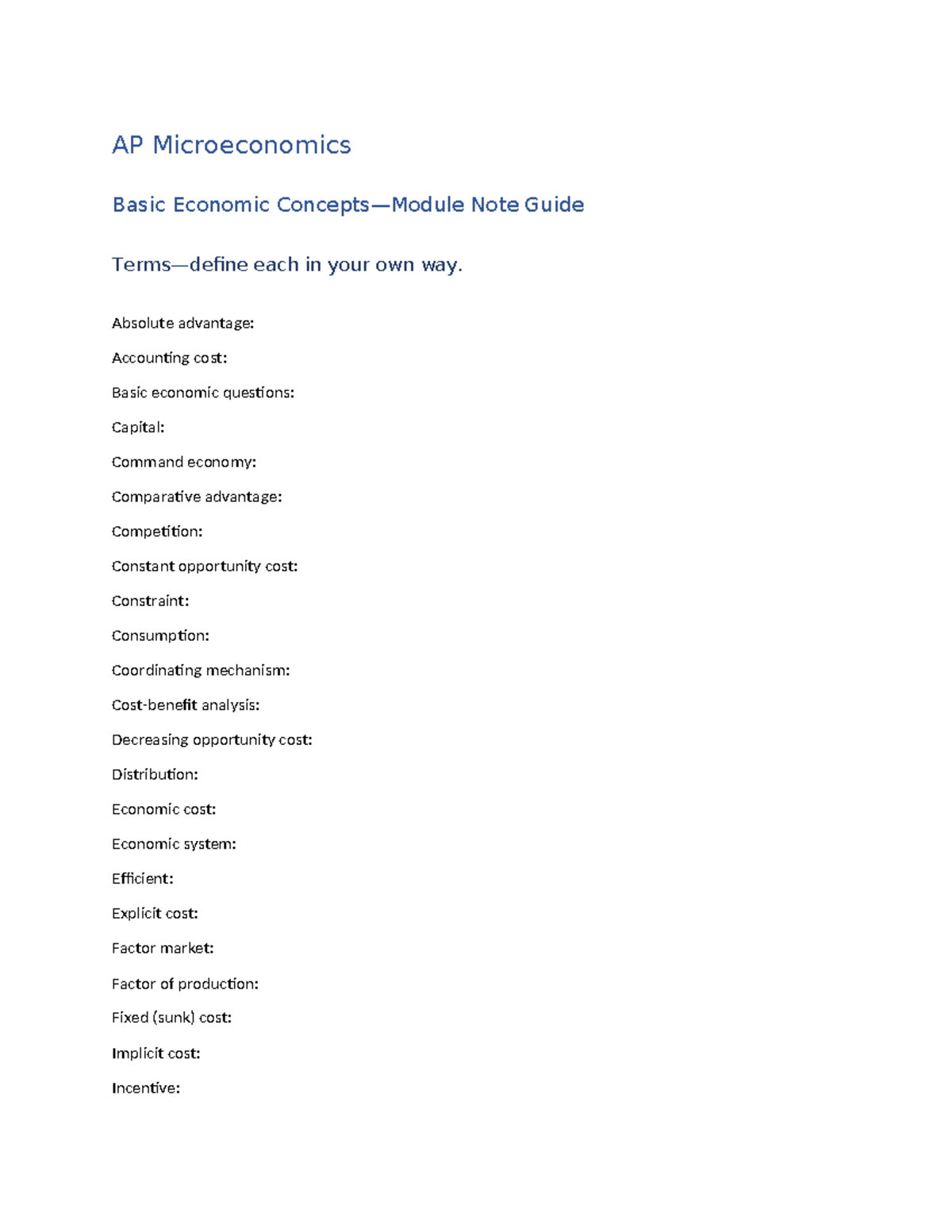 Basic Economic Concepts Module Note Guide - AP Microeconomics Basic ...