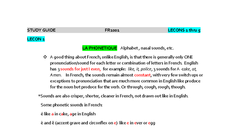 French Language Study Guide: FR1001 Lecons 1-5 Overview and Key ...