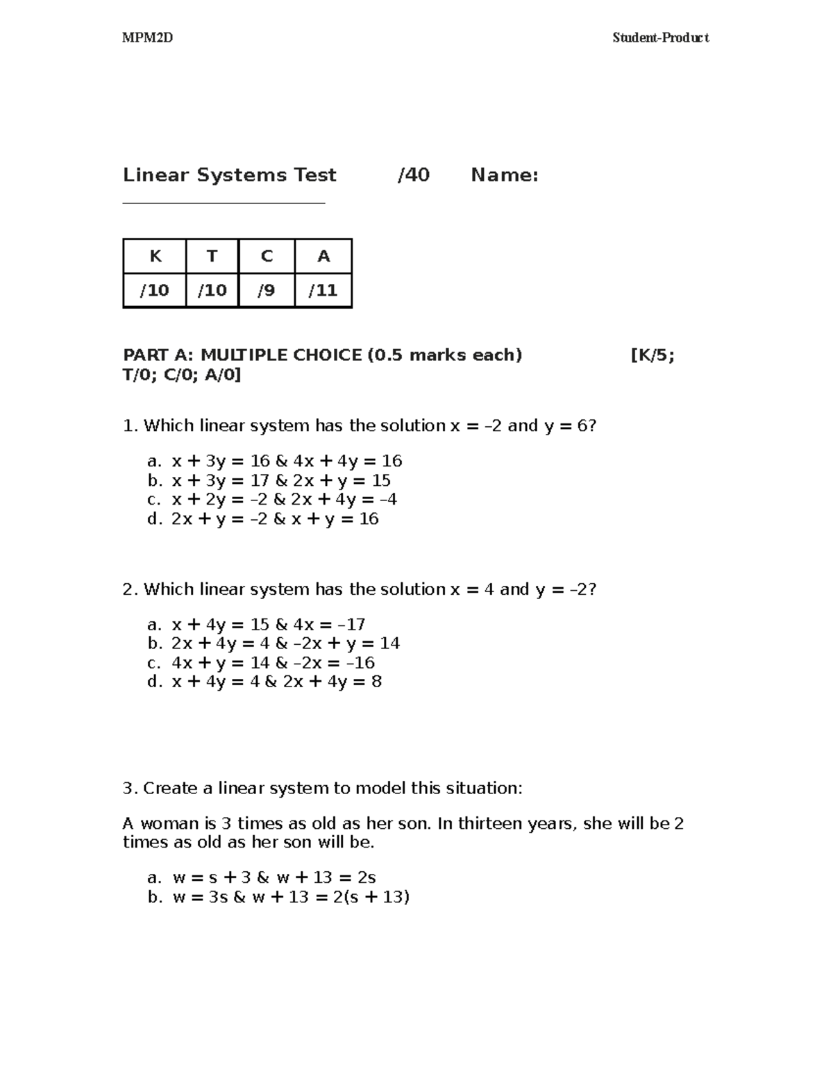 MPM2D Unit 1 Test: Linear Systems Multiple Choice & Modeling - Studocu