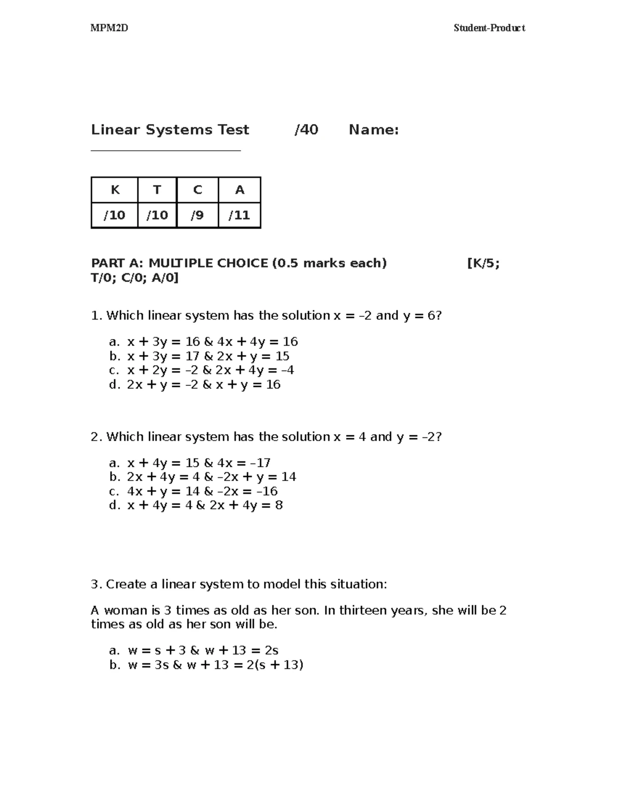 MPM2D Linear Systems Quiz 1 - Unit 1 Assessment - Studocu