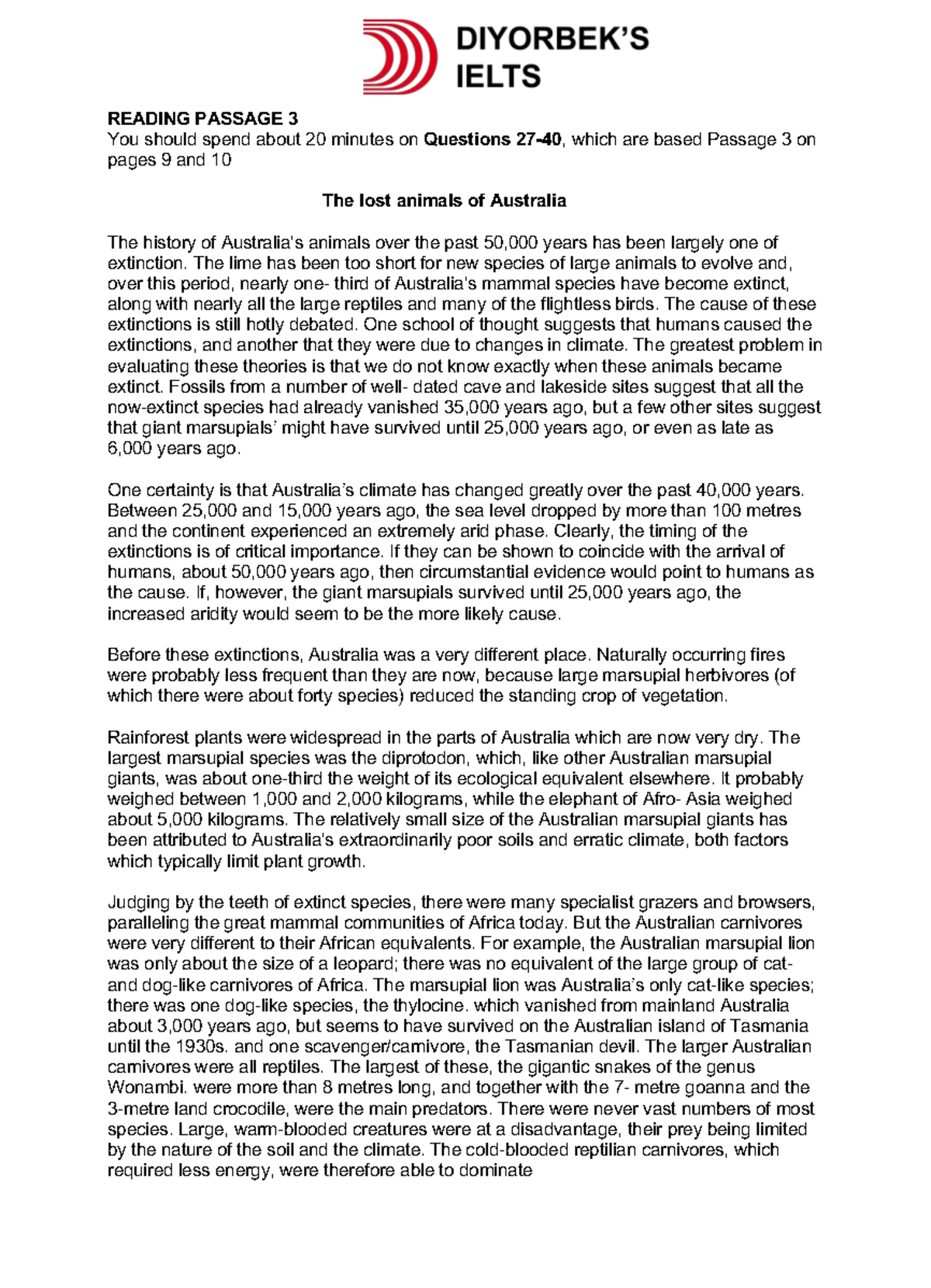 READING PASSAGE 3: The Lost Animals of Australia - Analysis and ...