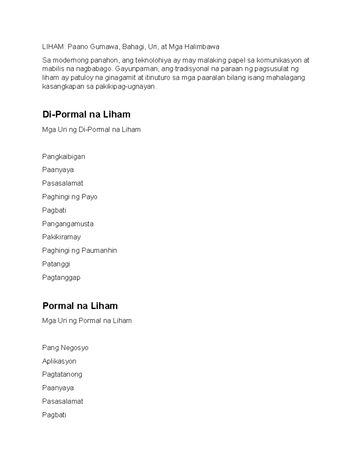 Liham AT MGA Halimbawa 1 - LIHAM: Paano Gumawa, Bahagi, Uri, at Mga ...