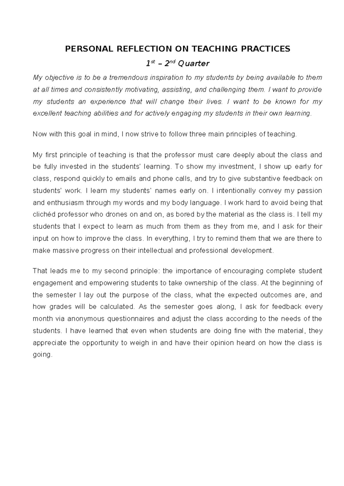 Personal Reflection on Teaching Practices: 1st & 2nd Quarter Insights ...