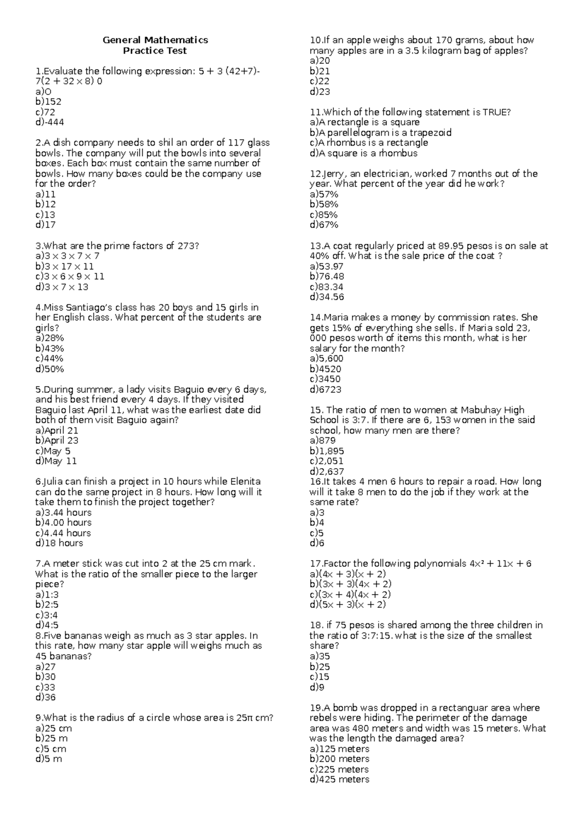 General Mathematics - Review Material for Practice Test - Studocu