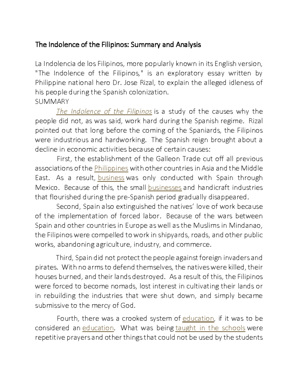 Summary & Analysis of "The Indolence of the Filipinos" - Rizal's Essay ...
