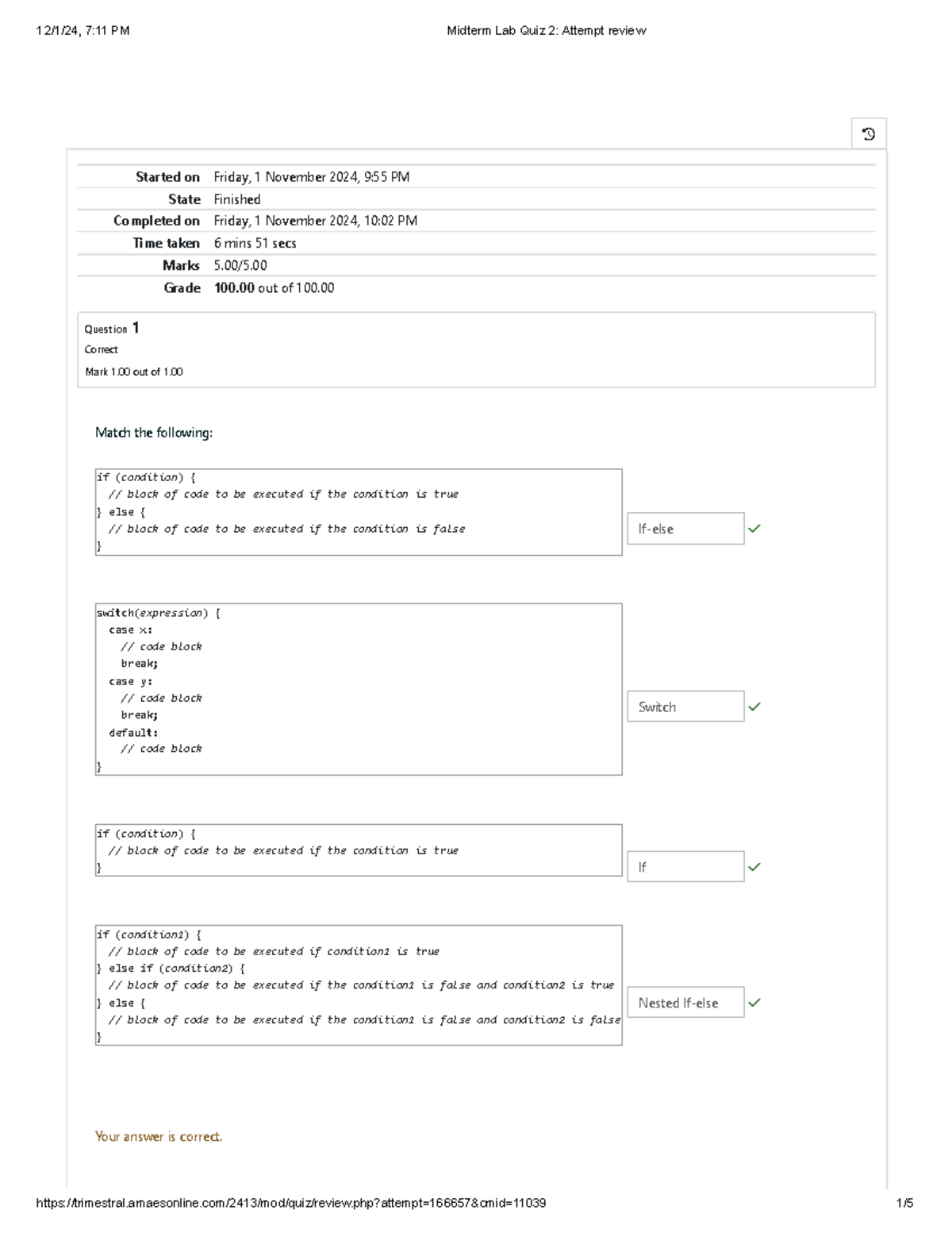 Computer Programming 2 Midterm Lab Quiz 2 Attempt review - Started on Friday, 1 November 2024, 9 ...