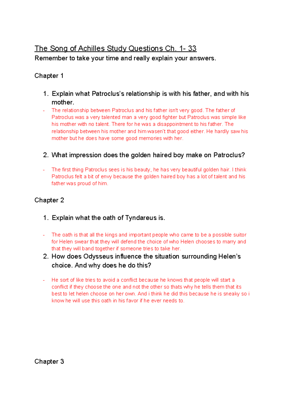 The Song of Achilles Study Questions & Answers (Ch. 33) - Studeersnel
