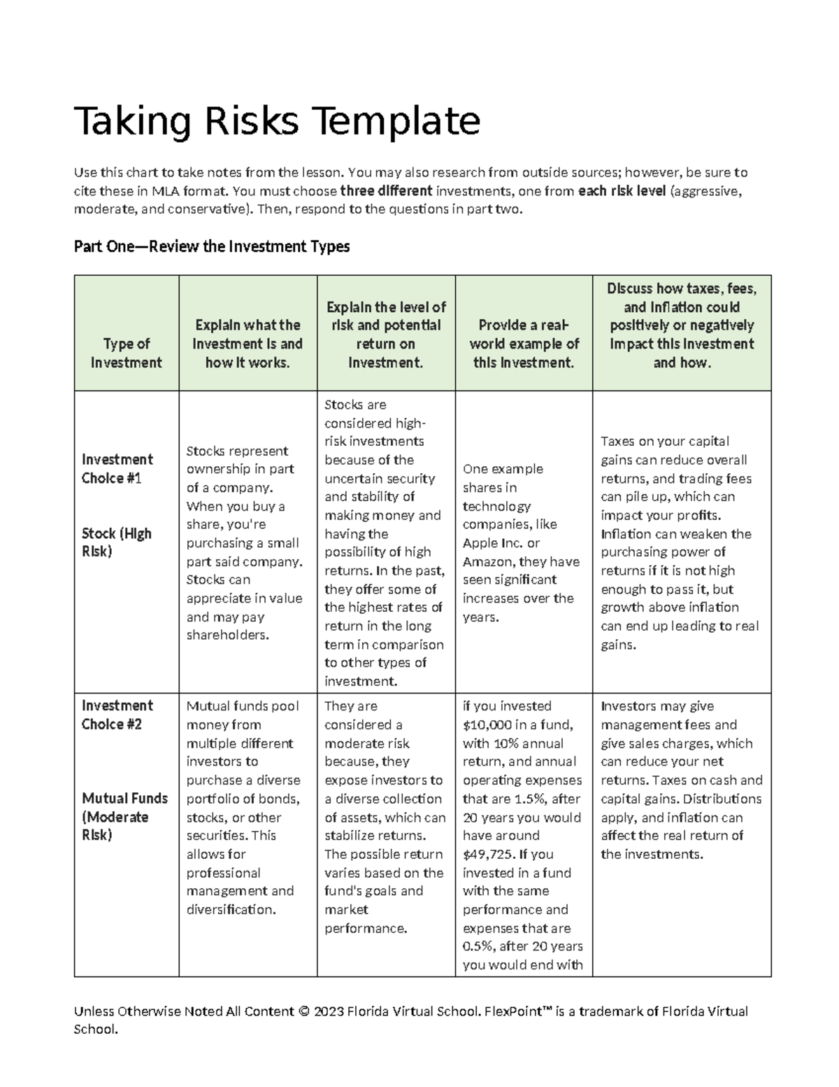 Taking risks template for investments: Aggressive, moderate ...