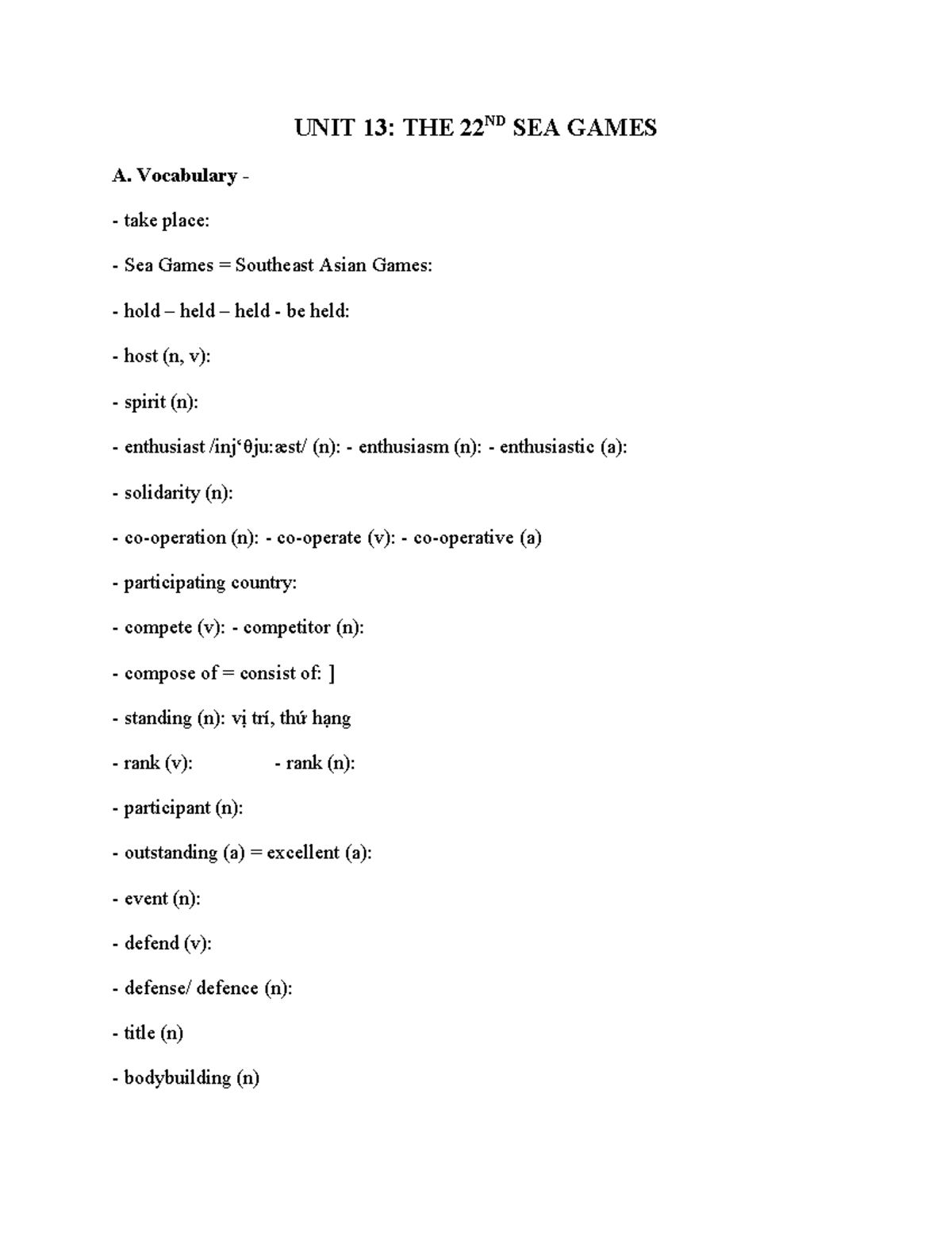 Vocabulary Unit 13: Southeast Asian Games Terms and Definitions - Studocu