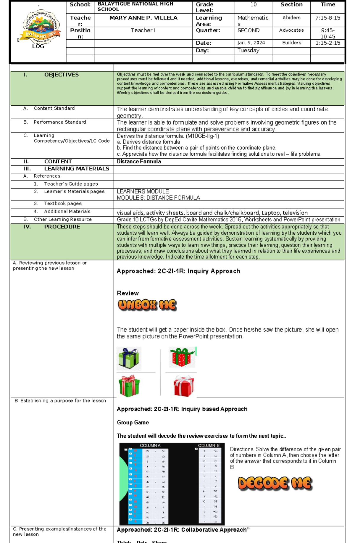 Weekly Lesson Plan: Grade 10 Mathematics - Distance Formula (LCTG ...