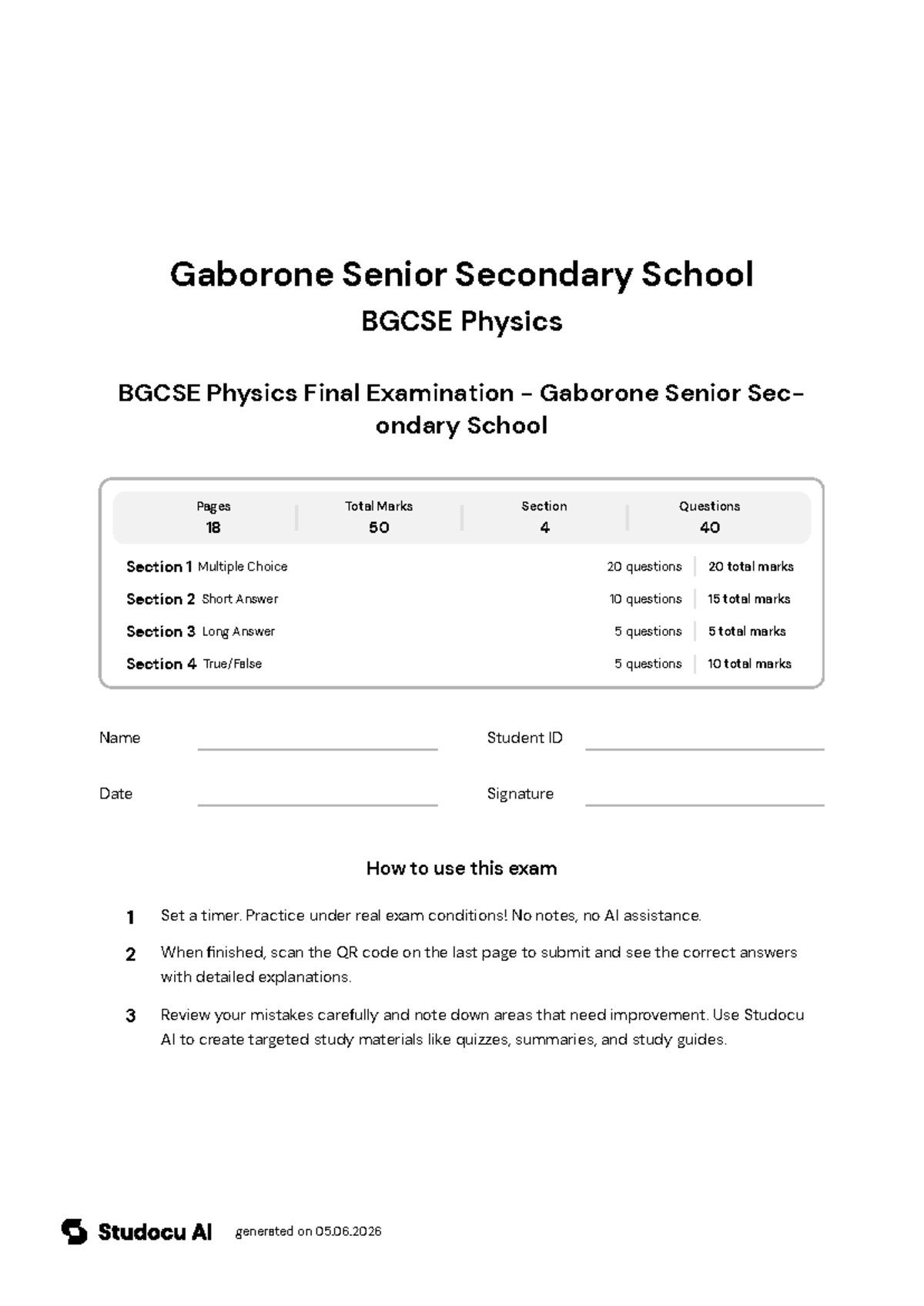 BGCSE Physics Final Exam - Gaborone Senior Secondary School - Studocu
