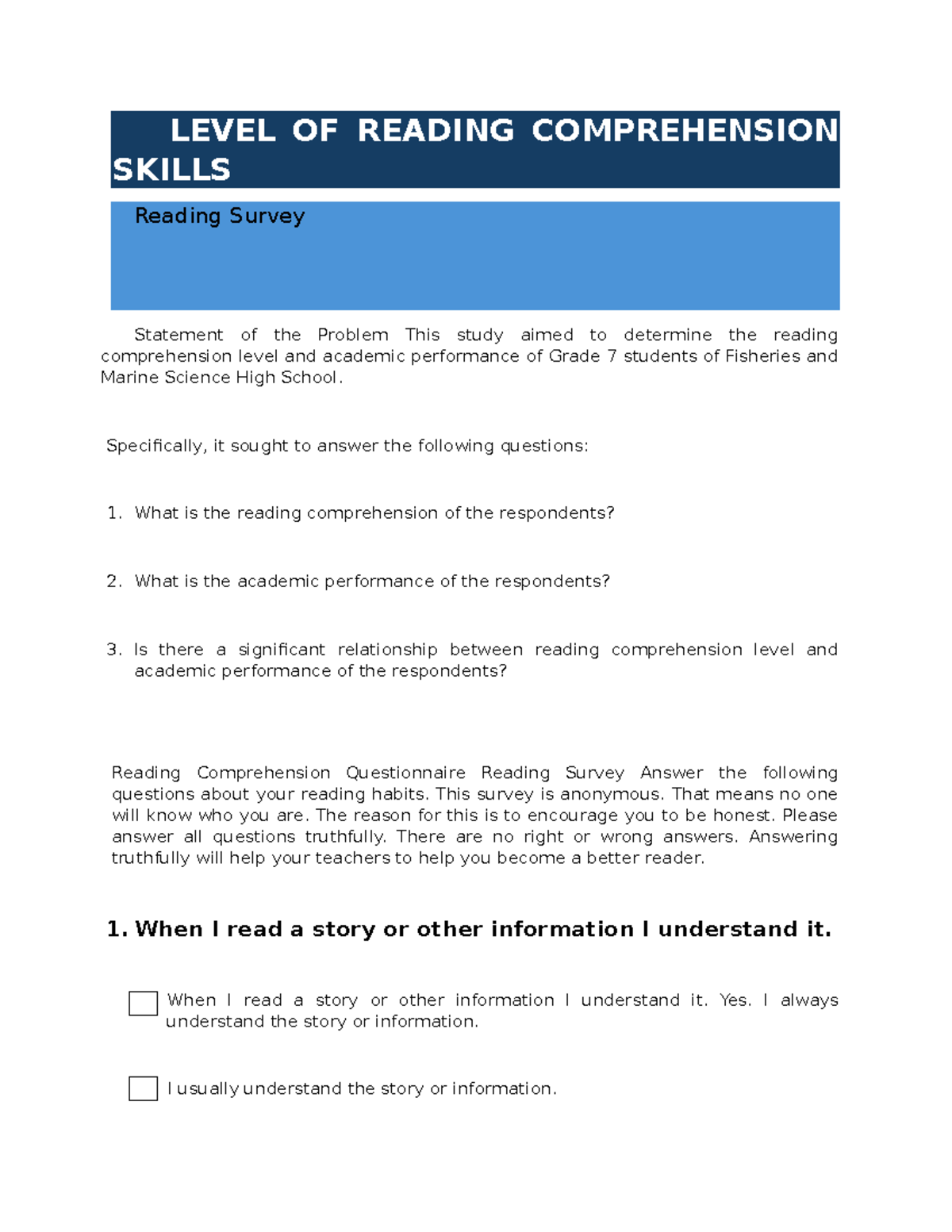 Globalisasyon12: Reading Comprehension Level Study of Grade 7 Students ...