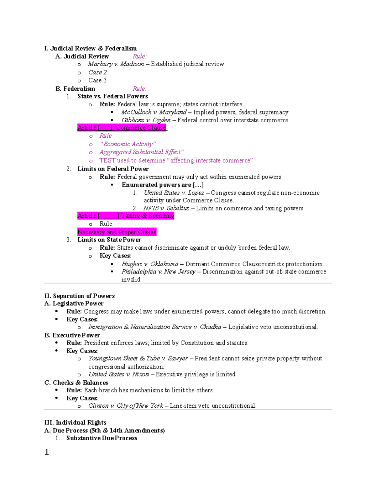 Federal Con Law (LAW 101) Course Outline: Judicial Review & Federalism ...