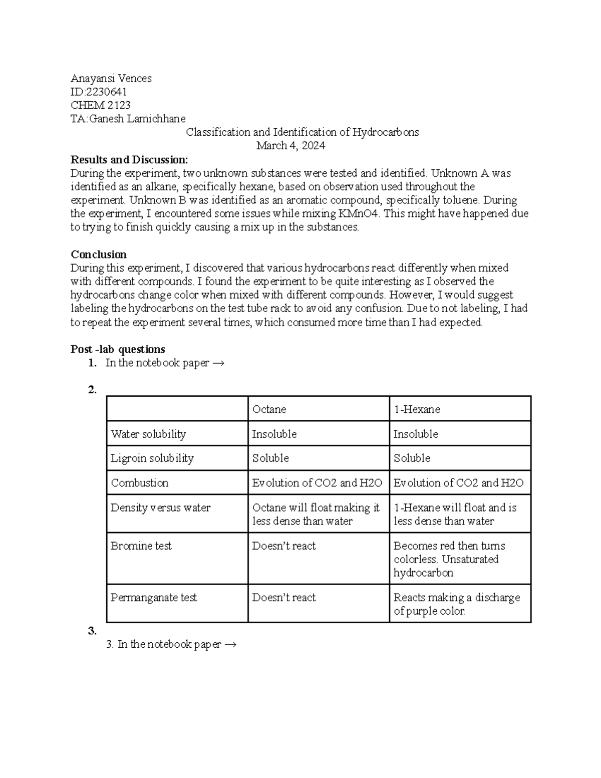 Lab 8 - Hydrocarbon Classification & Identification (CHEM 2123) - Studocu