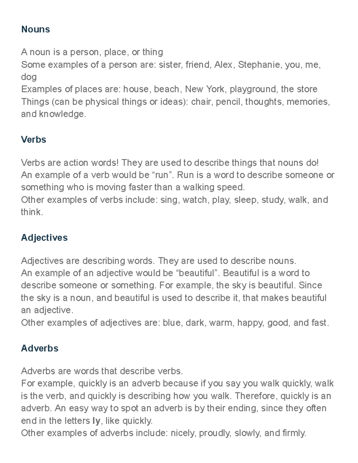 Grade 3 nouns, verbs, adjectives, and adverbs worksheets - Studocu