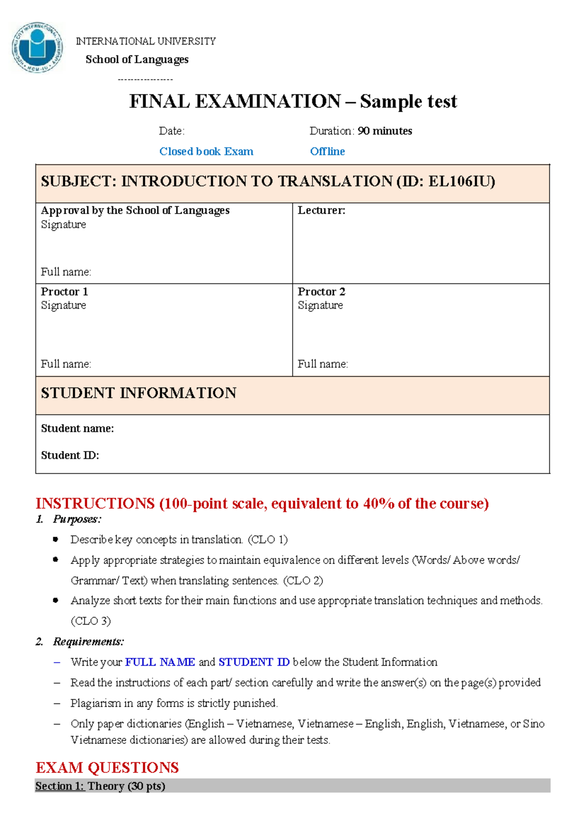Final Exam Sample Test for EL106IU: Introduction to Translation - Studocu