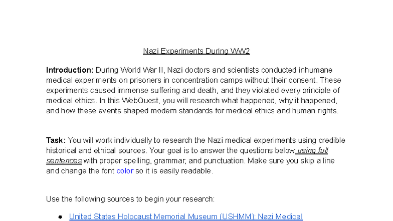 Nazi Medical Experiments During WW2: A WebQuest Study - Studocu
