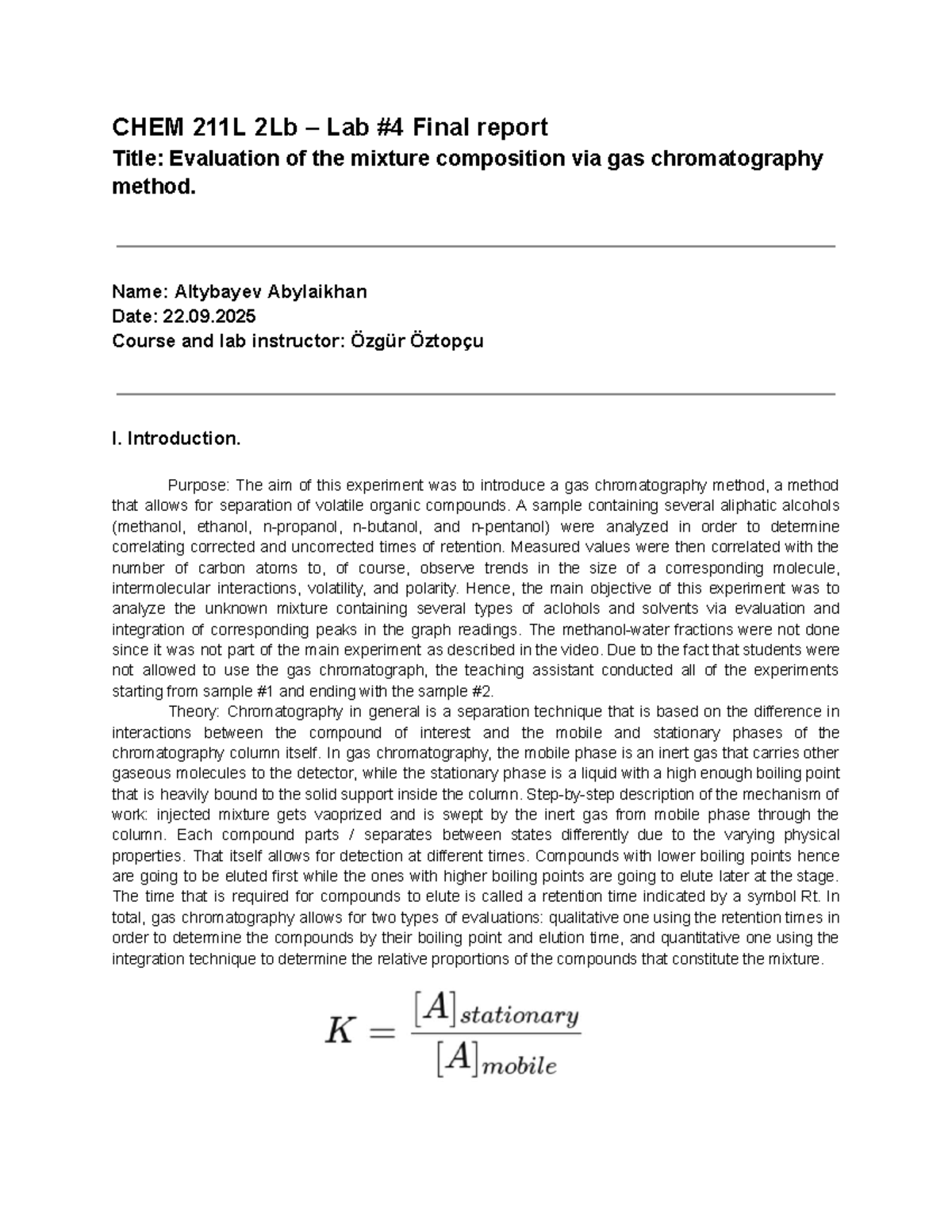 CHEM 211L Lab Final Report: Gas Chromatography Analysis of Alcohol ...