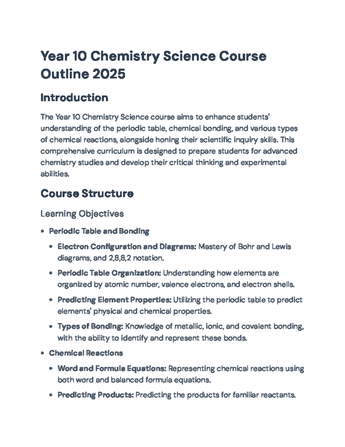 Year 10 Chemistry Outline 2025: Understanding Bonding & Reactions ...