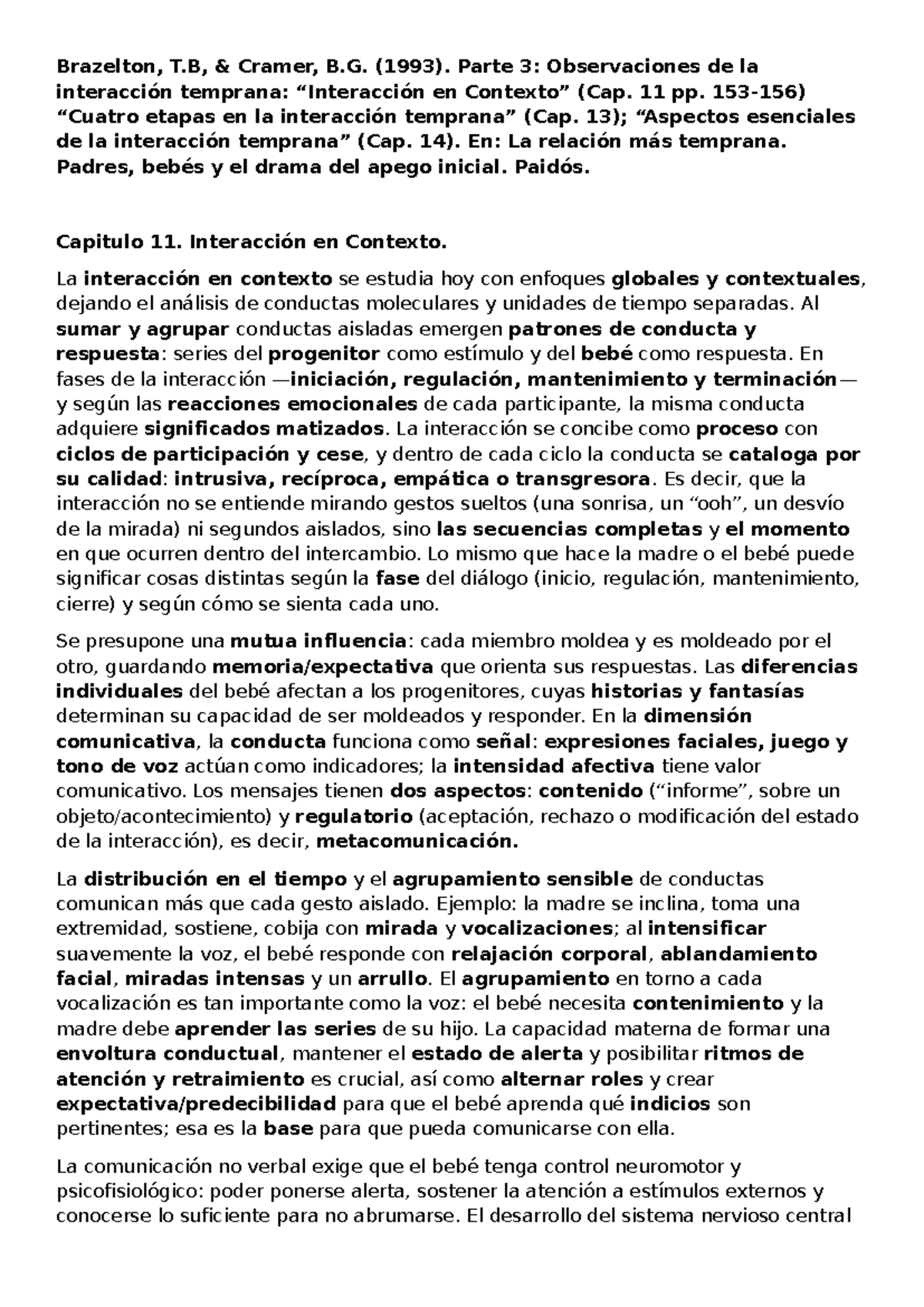 Interacción Temprana: Análisis de Capítulos 11-14 de Brazelton y Cramer ...