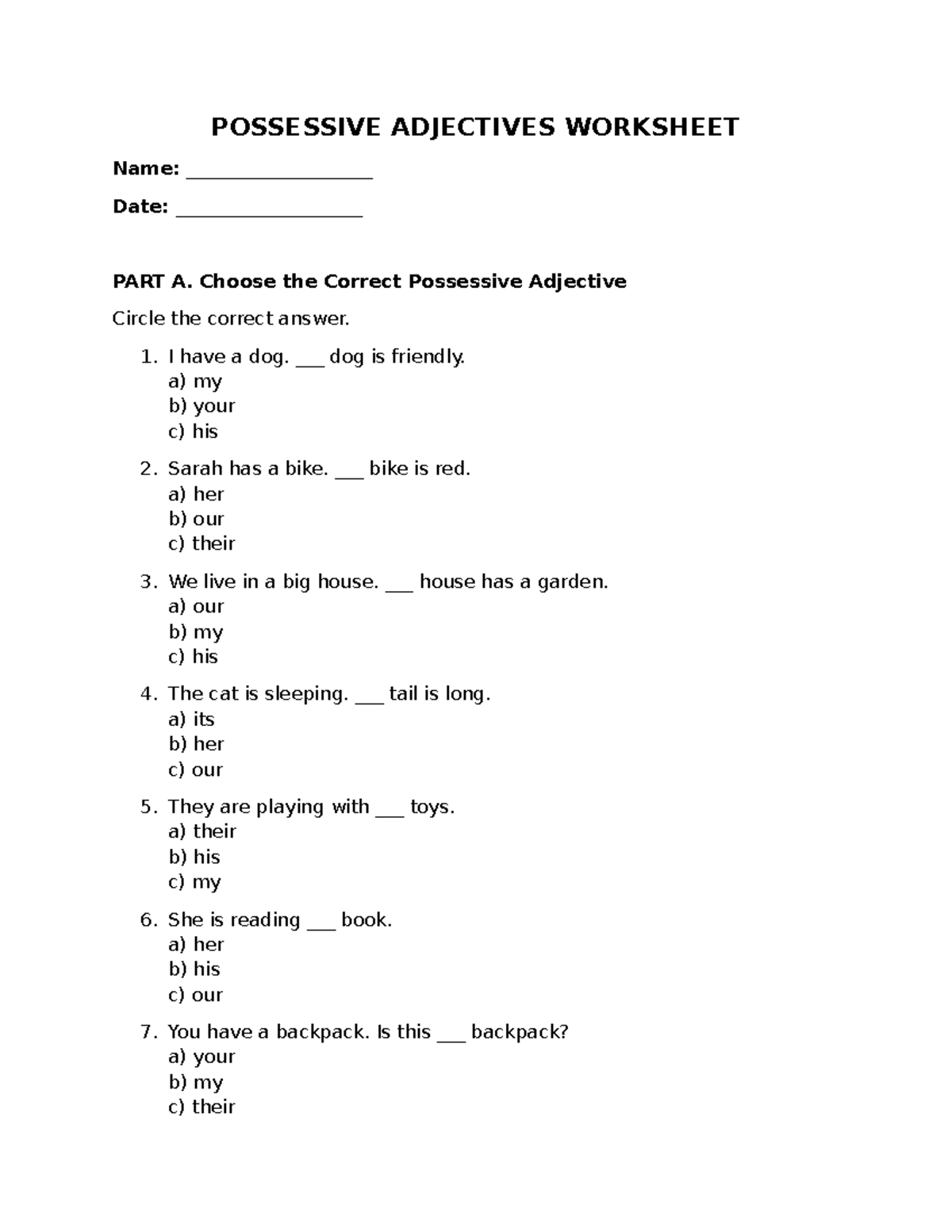 Possessive Adjectives Worksheet: Exercises & Challenges - Studocu