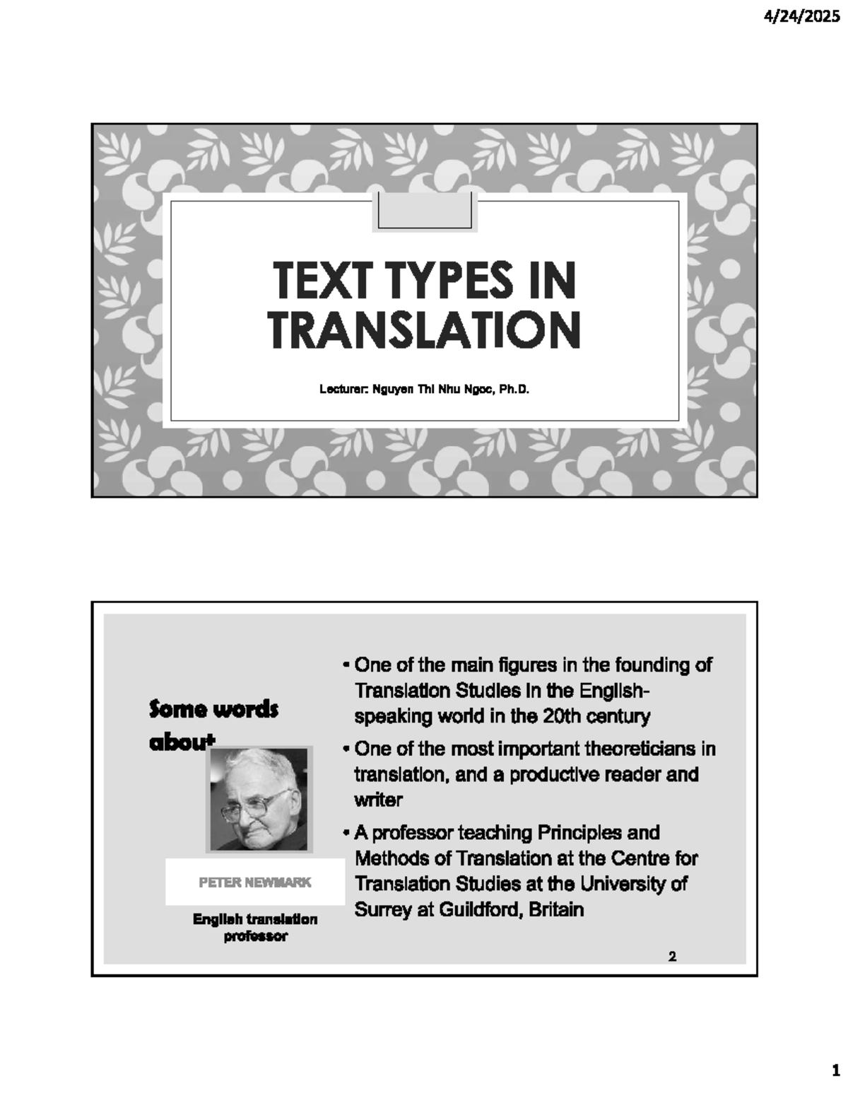 TEXT TYPES IN TRANSLATION: Insights from Peter Newmark's Theory - Studocu