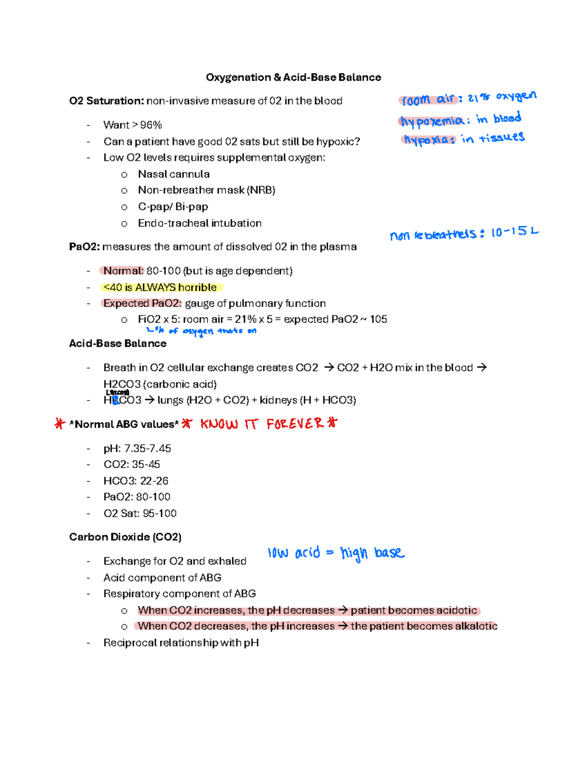 Oxygenation and Acid-Base Balance Notes - Nursing 101 - Studocu