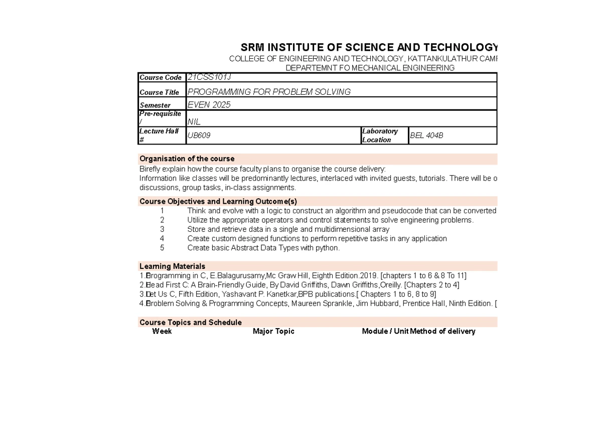 PPS Course Hand Out 2025 - Course Code Course Title Semester Pre ...