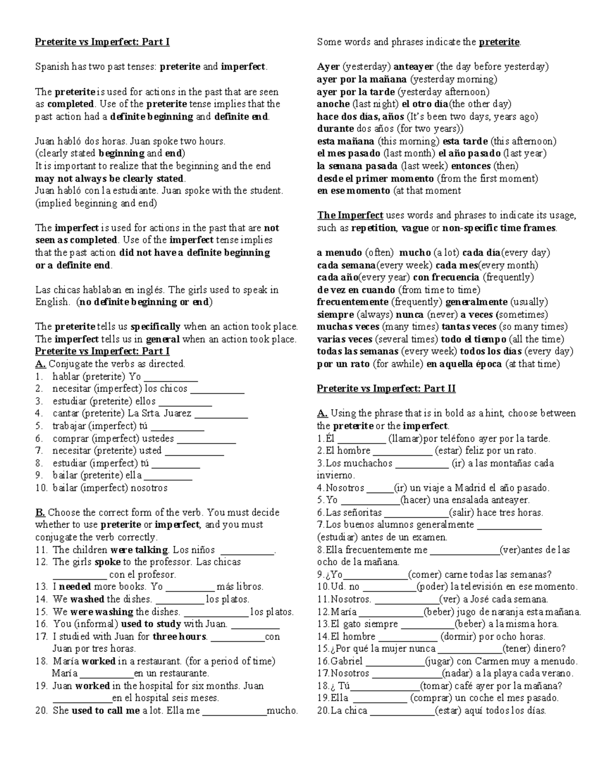 Span II Preterite vs Imperfect: Exercises & Notes - Studocu