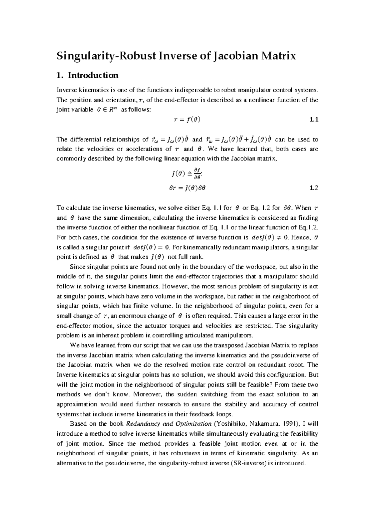 Project SR-Inverse Jacobian Matrix - Singularity-Robust Inverse of ...