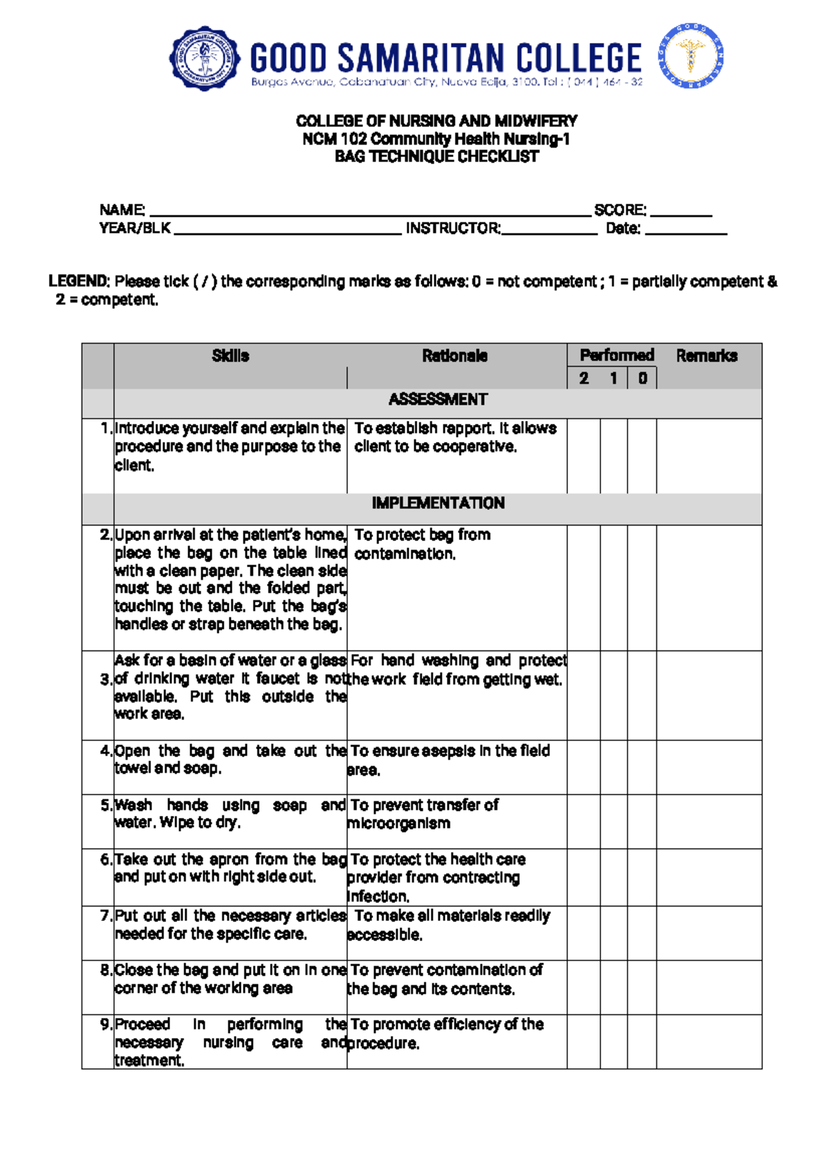 CHN-Bag-Technique - retdem - COLLEGE OF NURSING AND MIDWIFERY NCM 102 ...