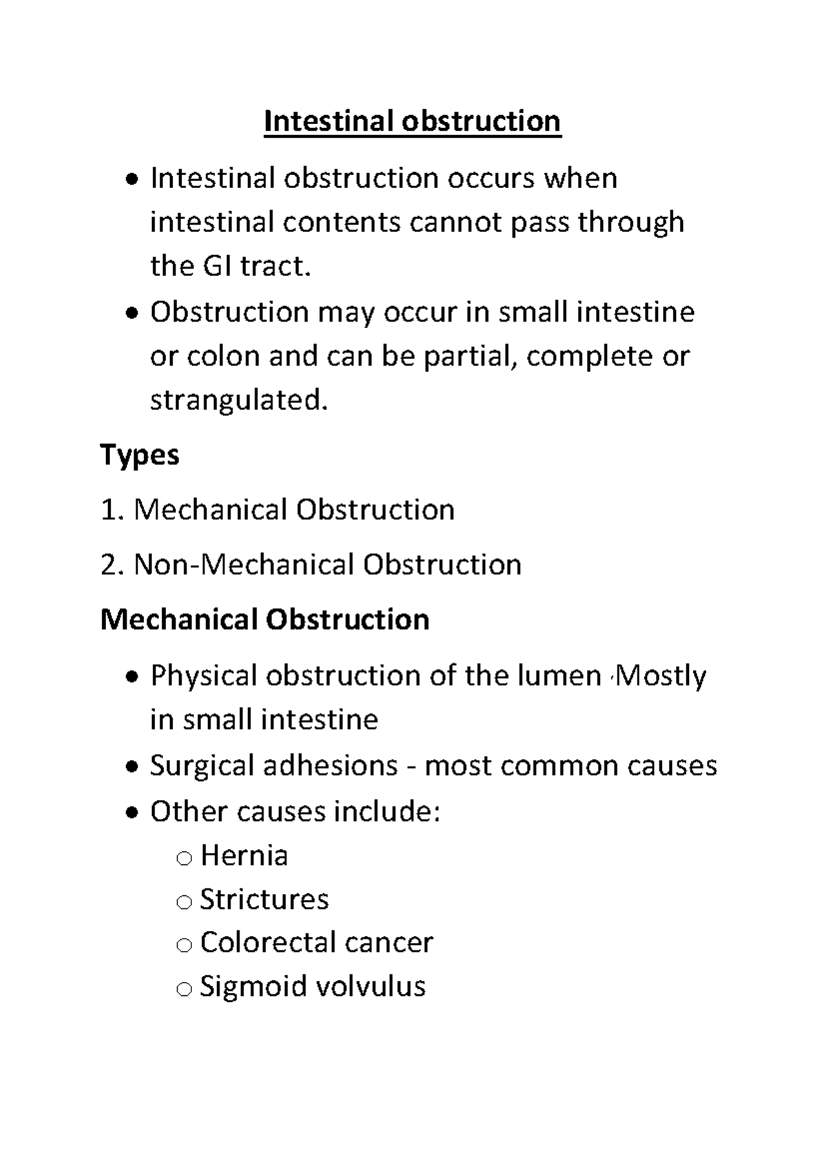 Intestinal Obstruction: Types, Management, and Clinical Insights - Studocu
