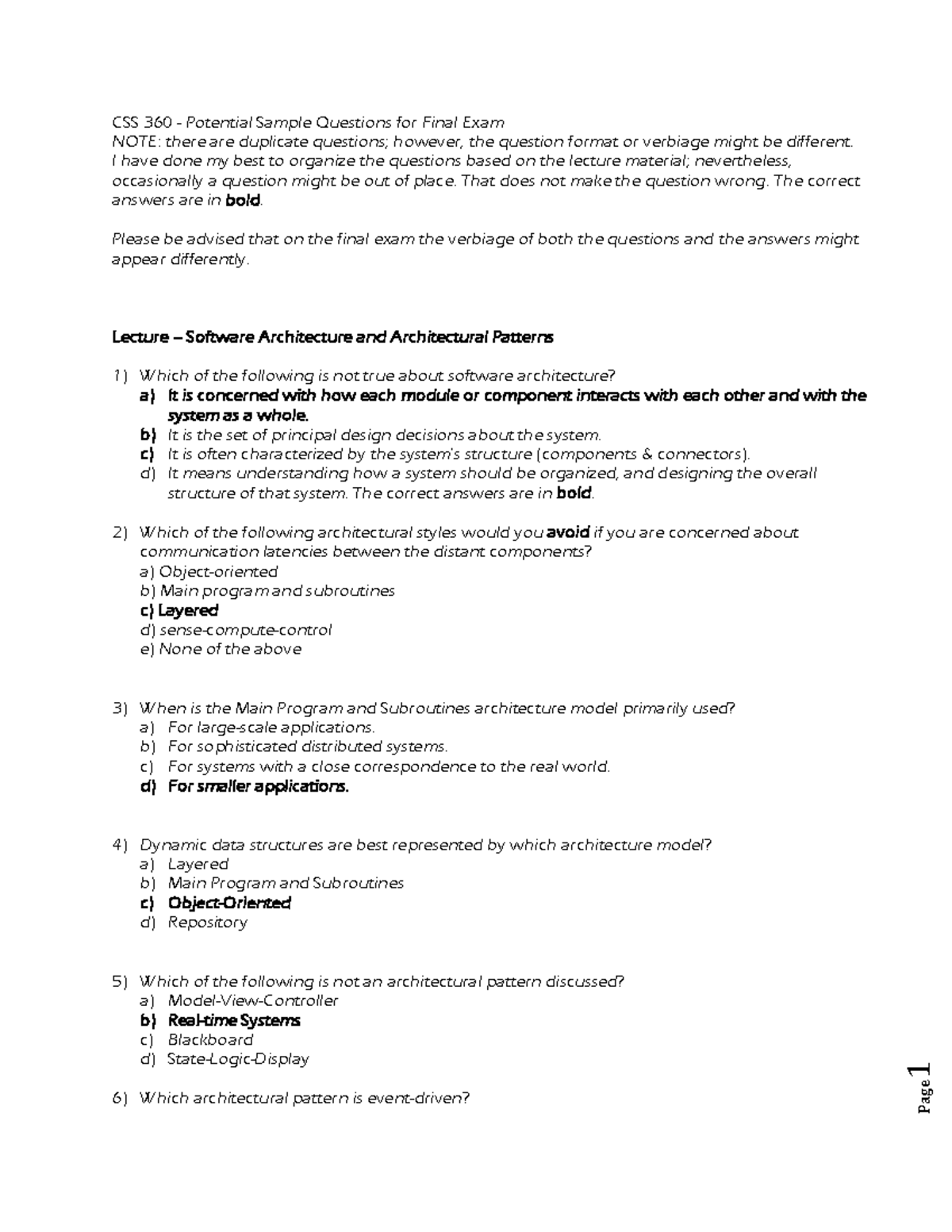 CSS 360 - Final Exam Sample Questions and Study Guide - 1 CSS 360 ...