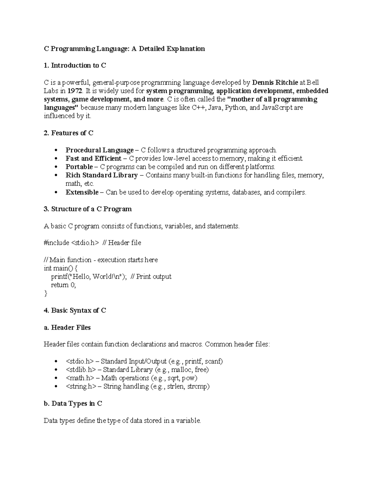 C Programming Language: Comprehensive Overview and Key Concepts - Studocu
