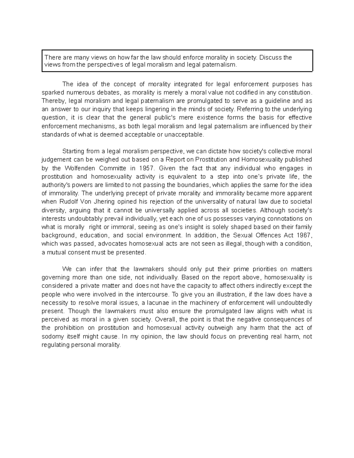 Exploring Legal Moralism and Paternalism in LAW 034 Essay - Studocu