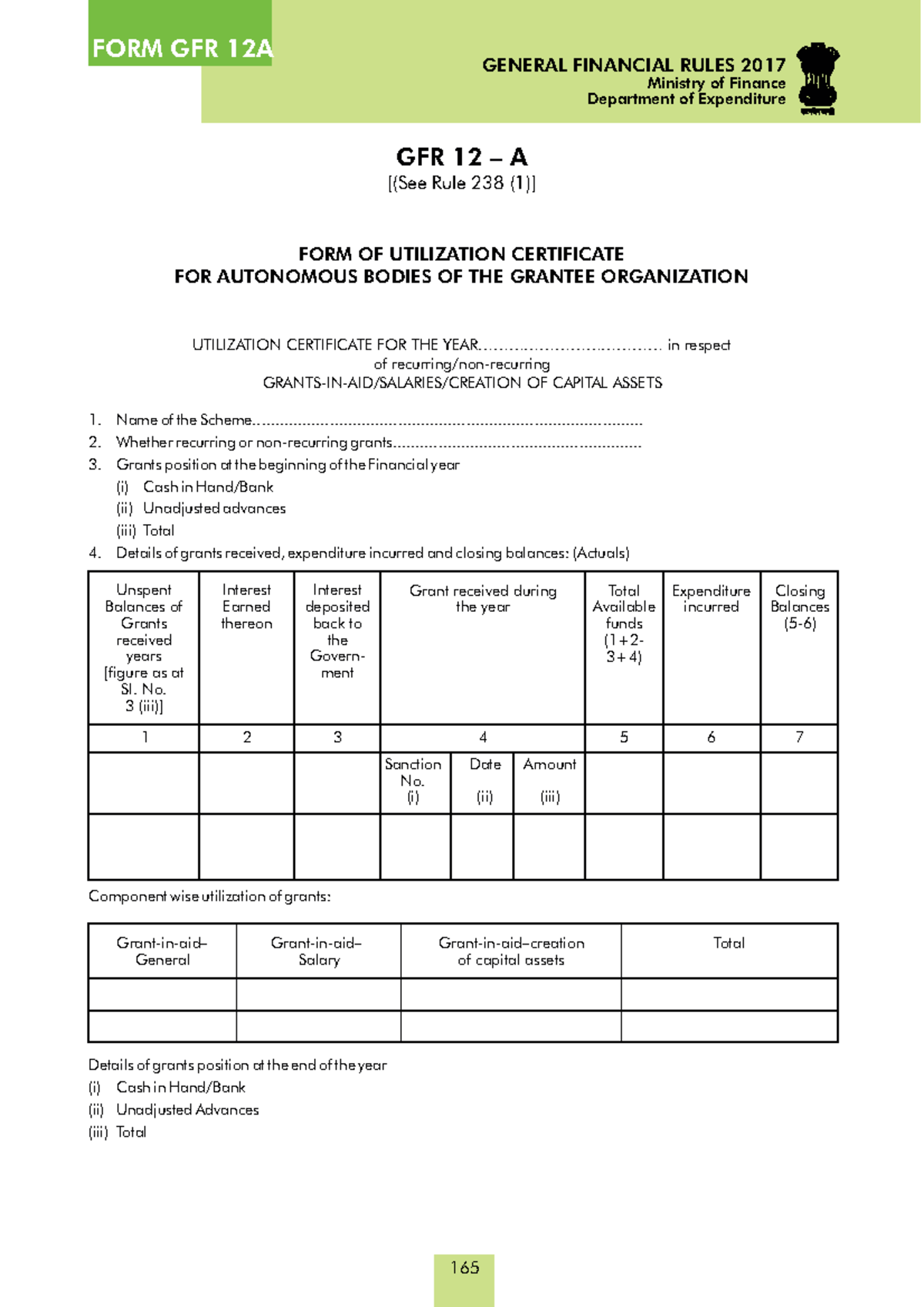 Utilization Certificate Form GFR 12A for Autonomous Bodies - Studocu