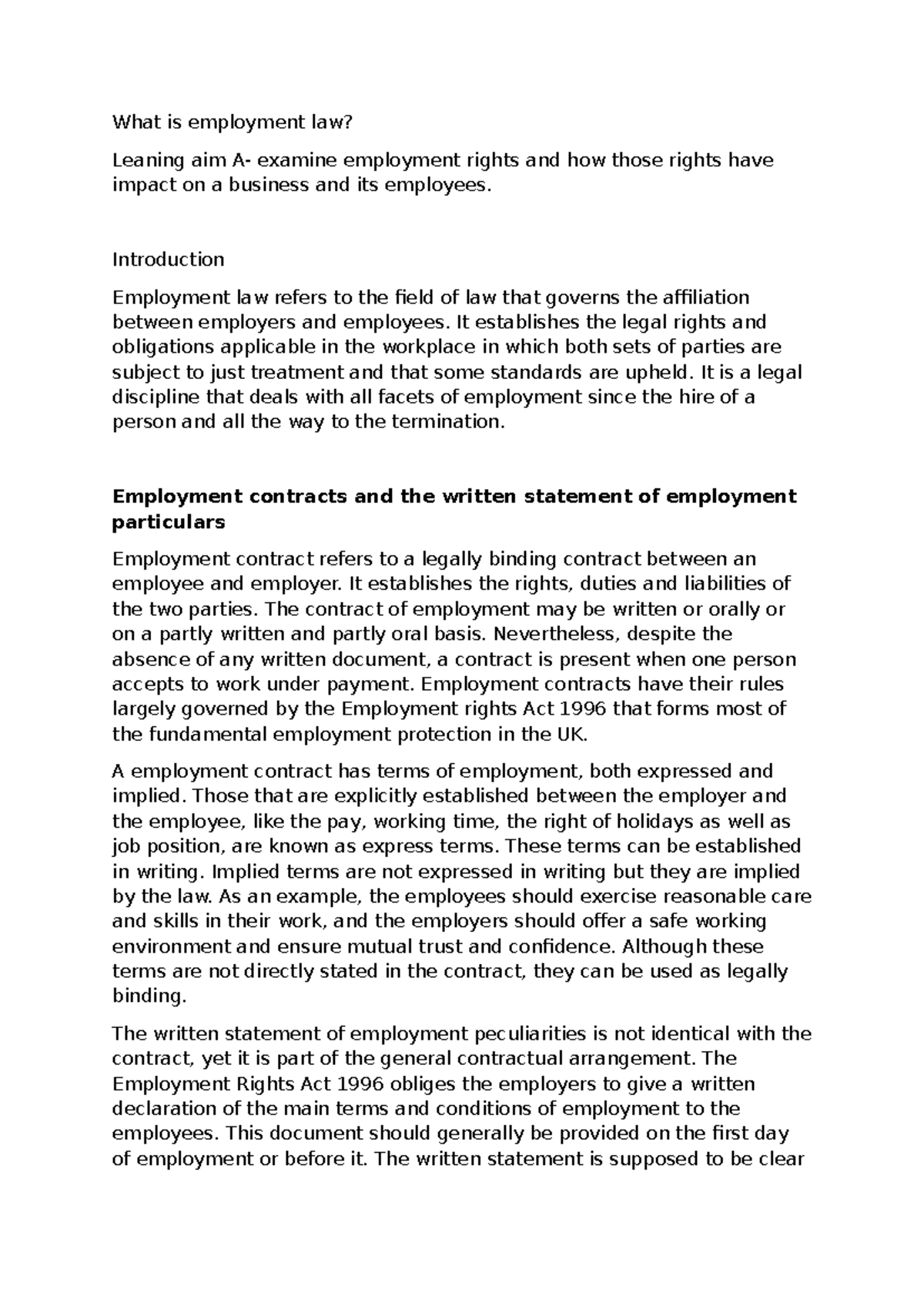 Unit 24 R: Understanding Employment Law and Its Impact on Business ...