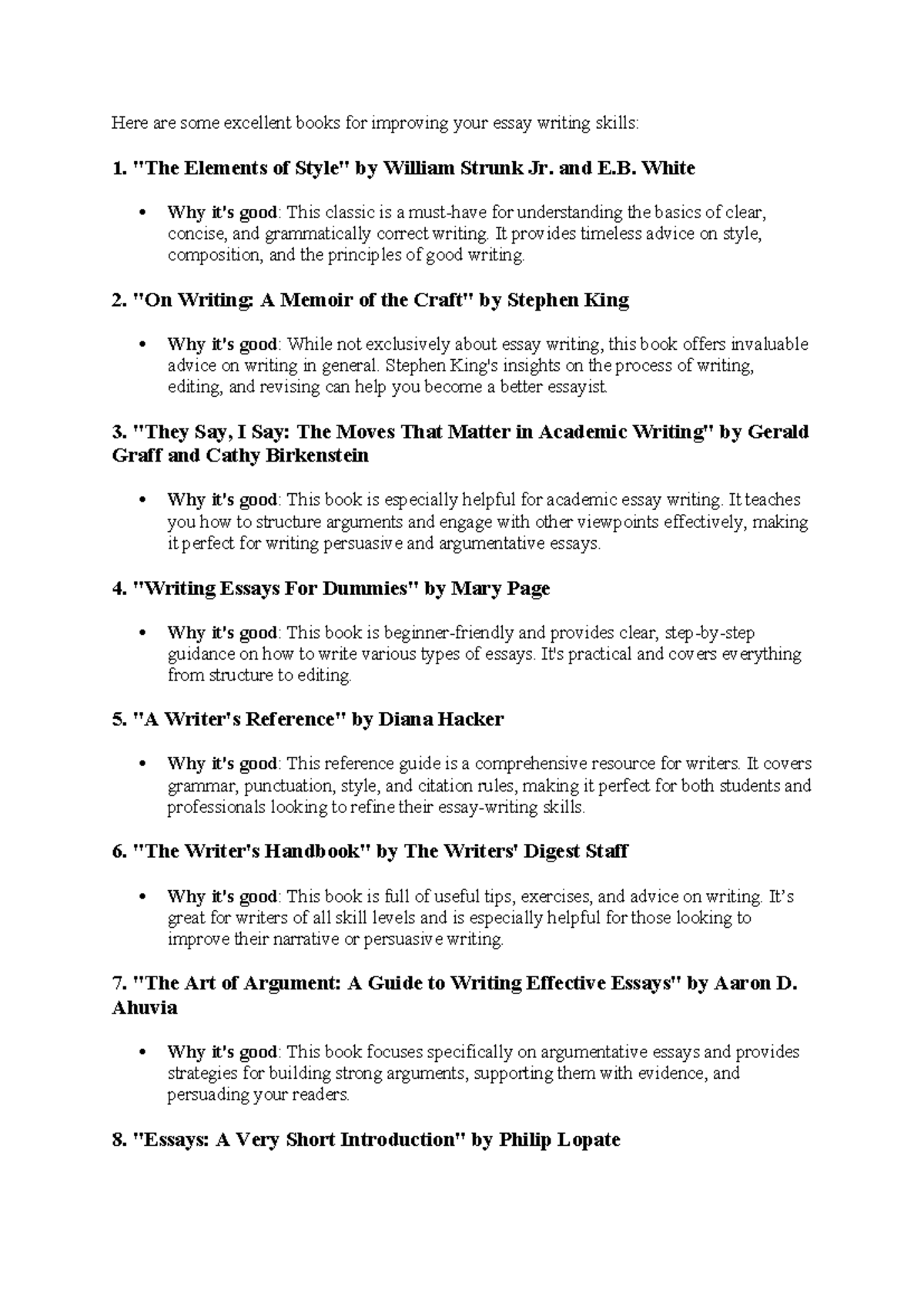 Books for Essay Writing - Lecture Notes - Studocu