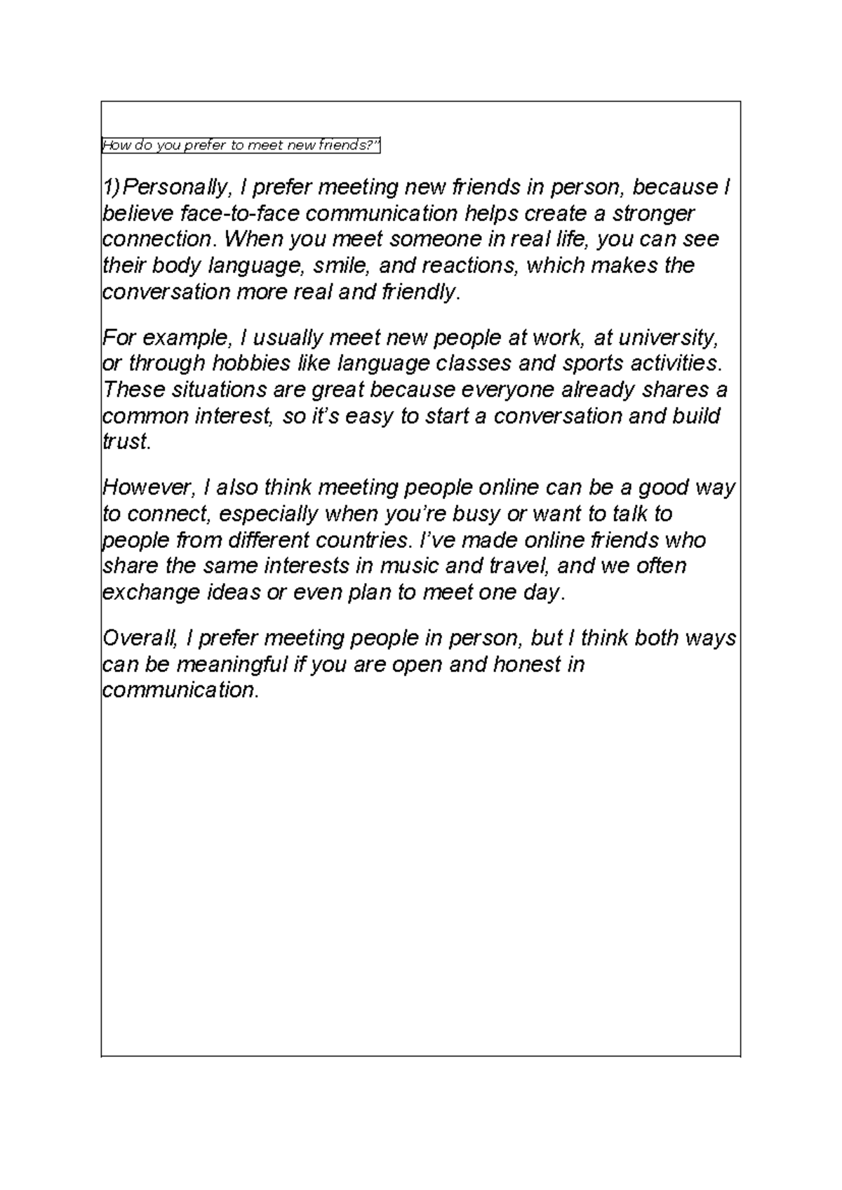 Meeting New Friends: In-Person vs. Online Connections - Studocu