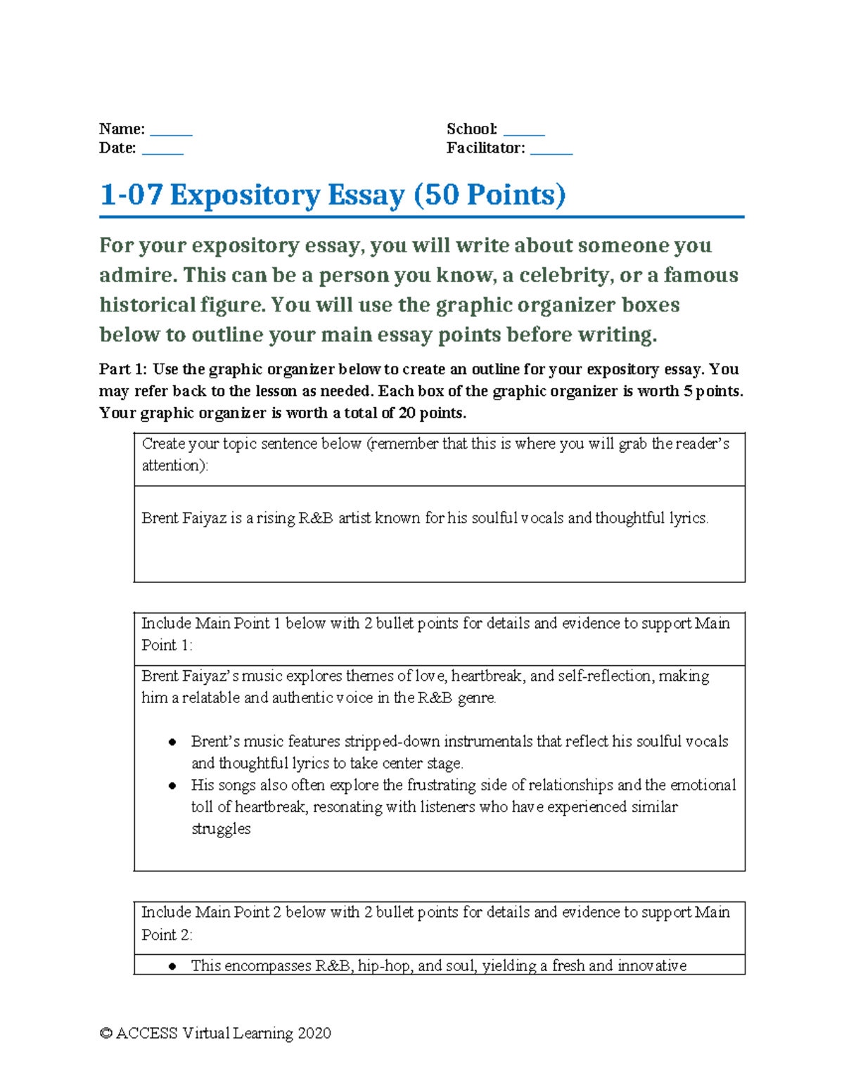 Expository Essay Outline: Admiring Brent Faiyaz (50 Points) - Studocu