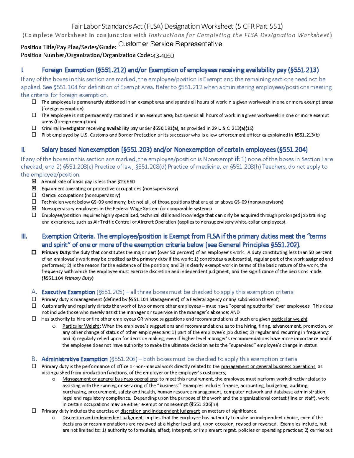 FLSA Worksheet for Customer Service Rep - Exemption Criteria Guide ...