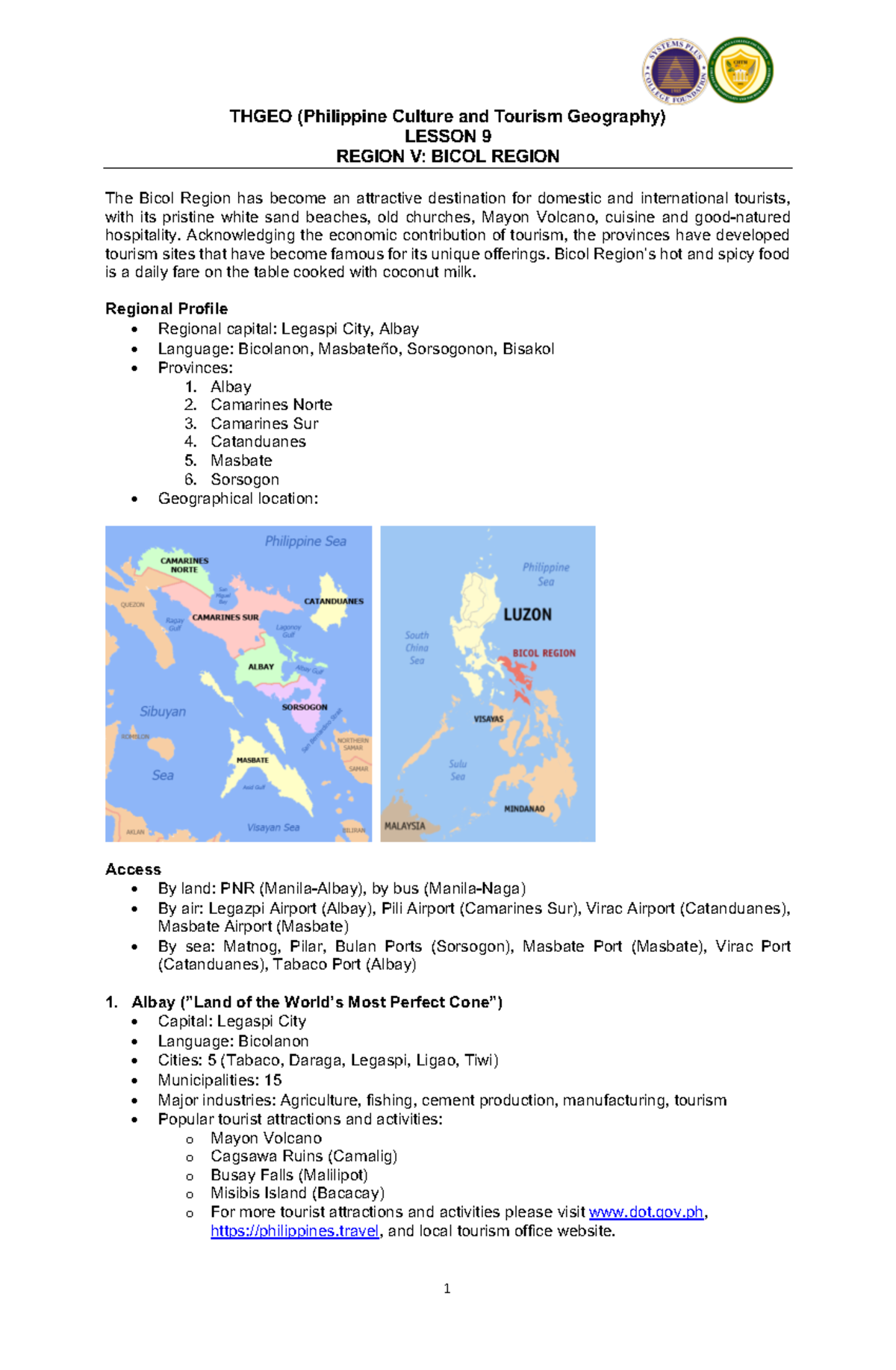 Midterm THGEO Handout: Lesson 9 on Bicol Region Tourism and Geography ...