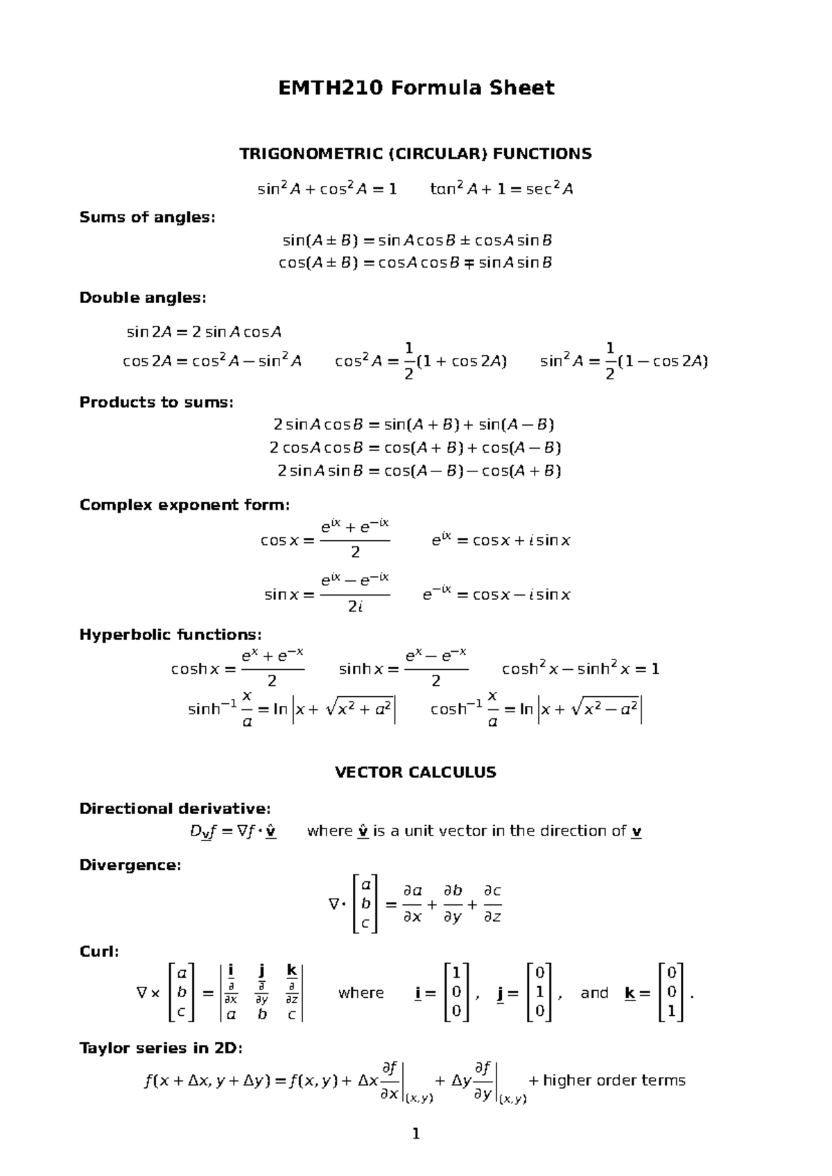EMTH210 Test Formula Sheet: Trigonometric & Vector Calculus - Studocu