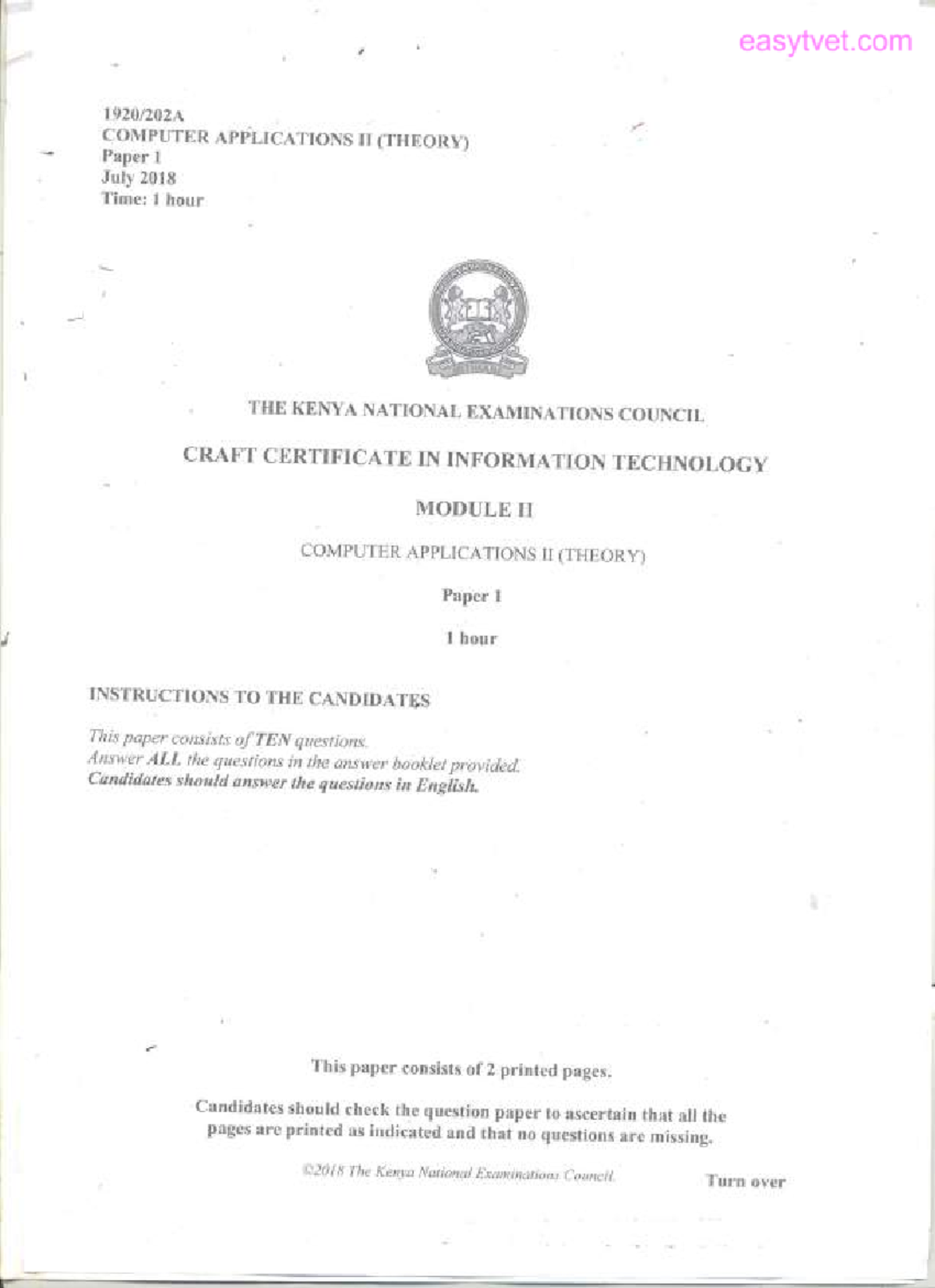 COMPUTER APPLICATIONS II (THEORY) Paper 1 - July 2018 Revision - Studocu