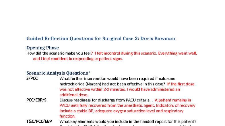 Guided Reflection Questions for Surgical Case 3: Doris Bowman - Studocu